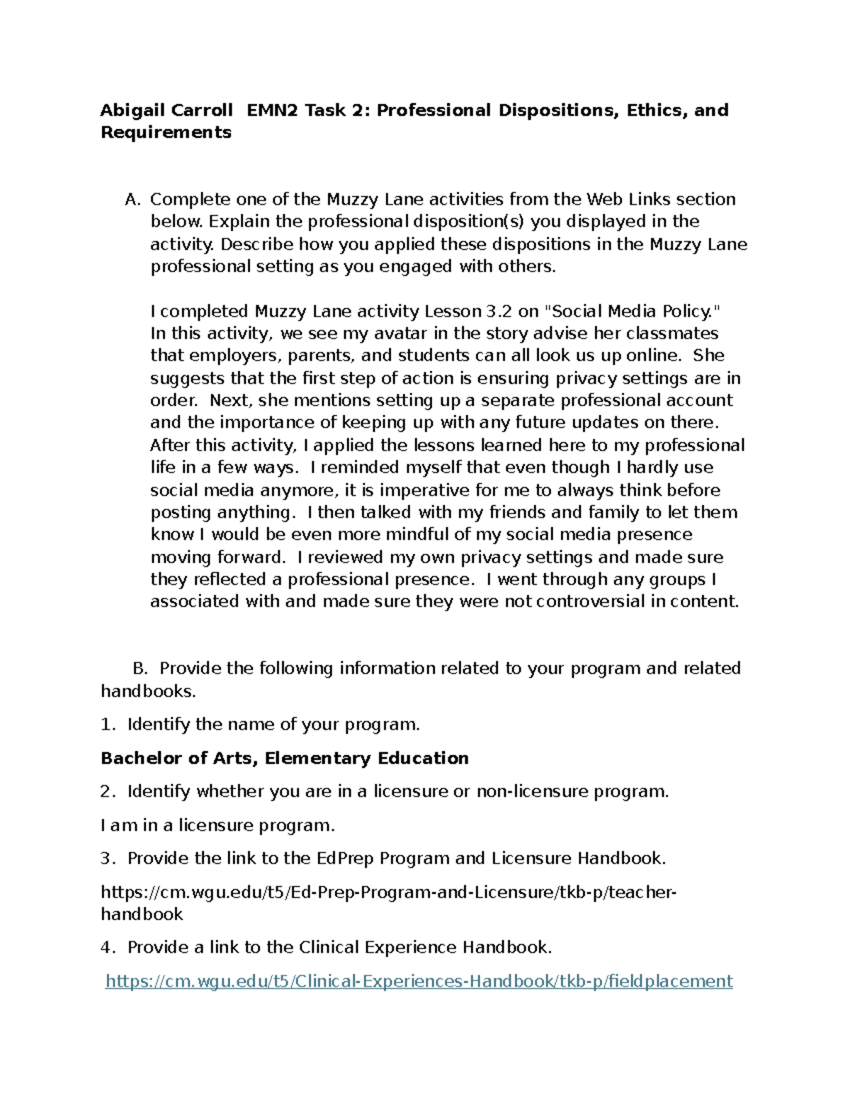 WGU EMN2 Task 2: Professional Dispositions & Ethics in Education - Studocu