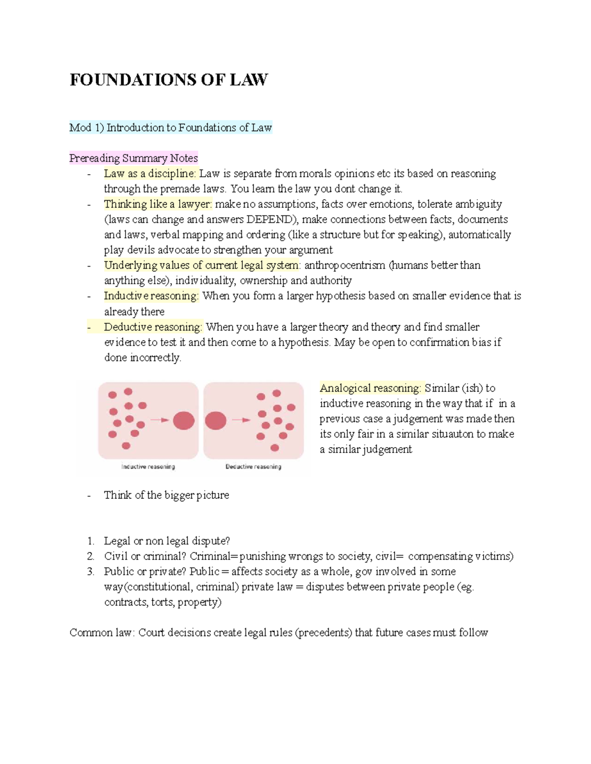 Foundations of Law (Mod 1) Prereading Summary Notes - Studocu