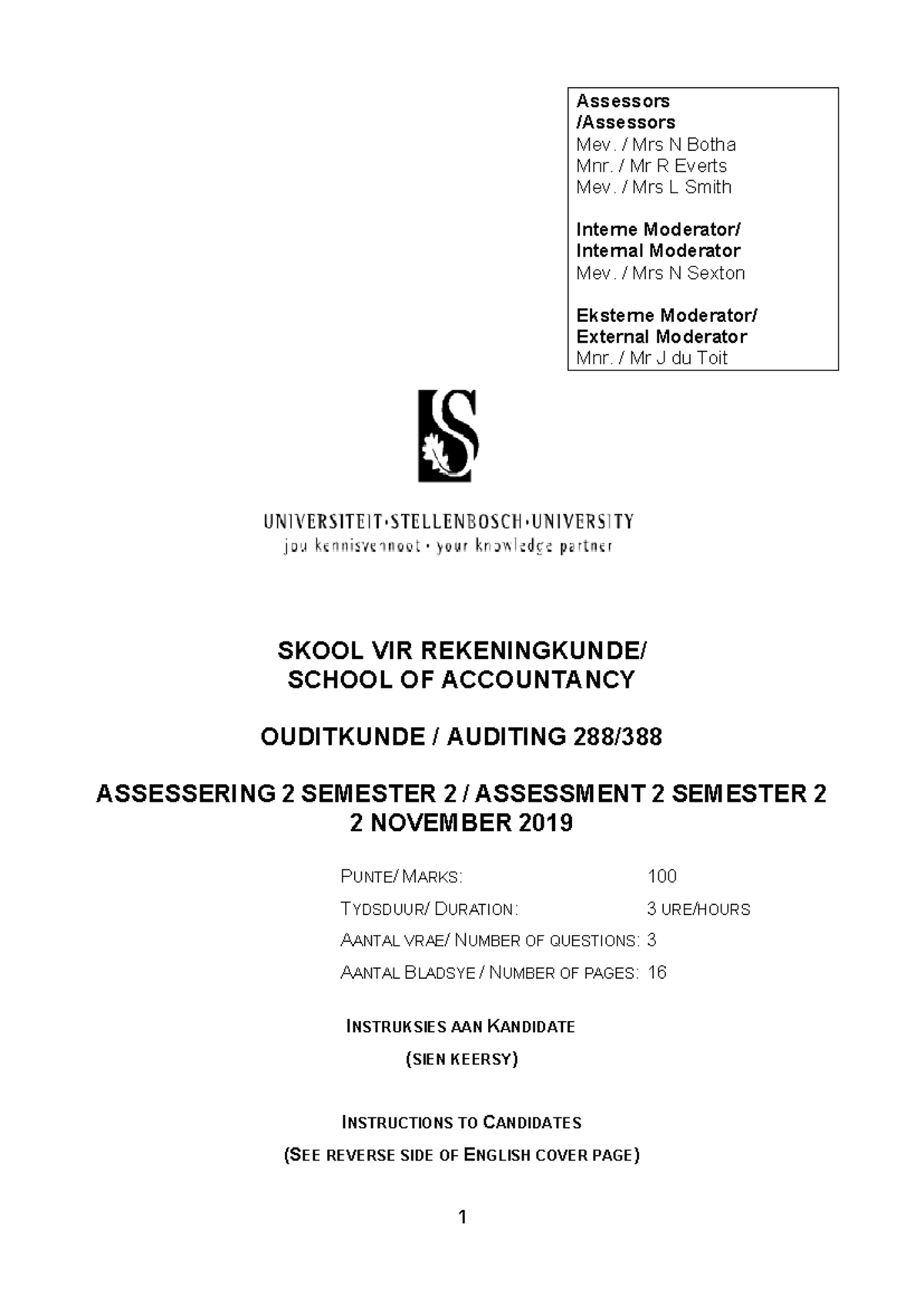 2019 Auditing 288 388 A2S2 Assessment Paper: Internal Controls & Audit ...