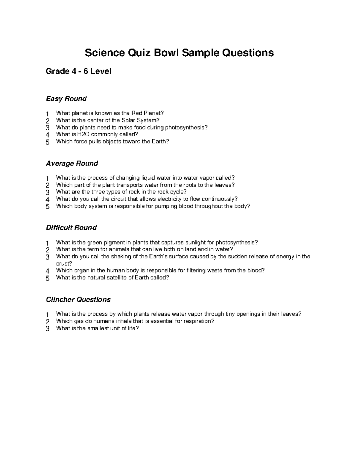 Science Quiz Bowl Sample Questions for Grades 4-6 - Studocu