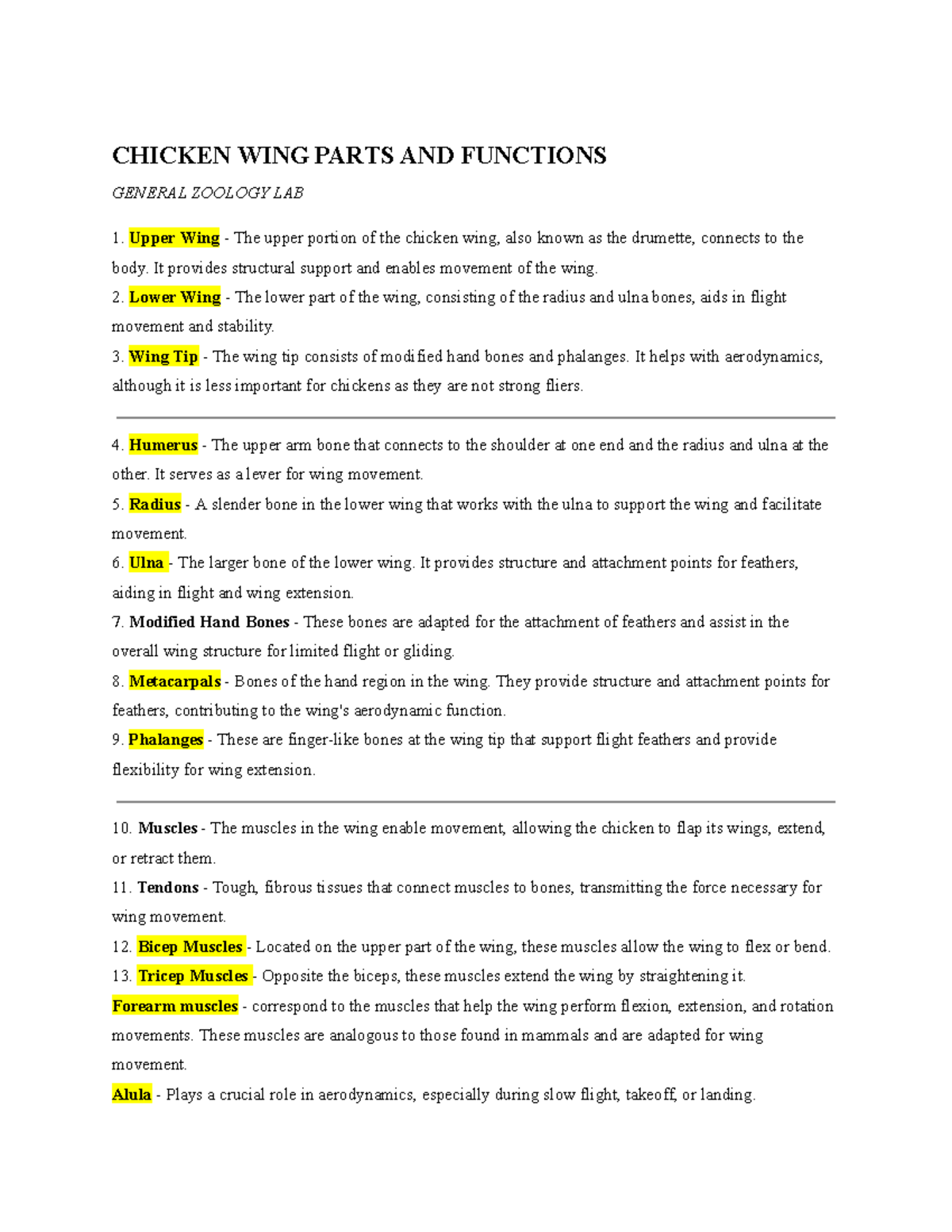 Chicken WING Anatomy: Parts & Functions in General Zoology Lab - Studocu