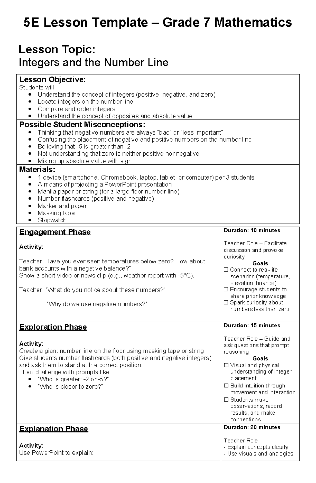 5E Lesson Template: Grade 7 Math on Integers & Number Line - Studocu
