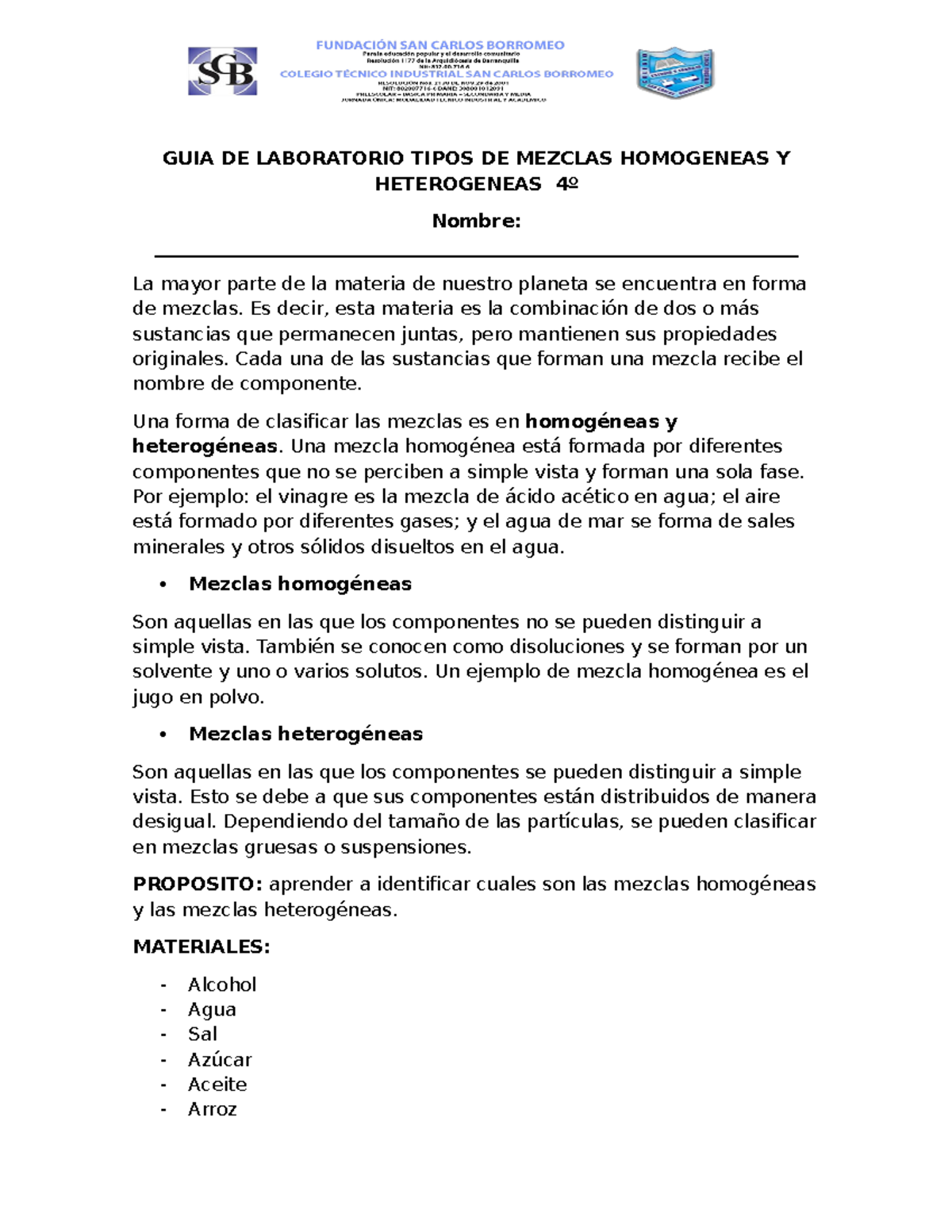 GUIA DE Laboratorio Tipos DE Mezclas Homogeneas Y Heterogeneas 4º - GUIA DE LABORATORIO TIPOS DE ...