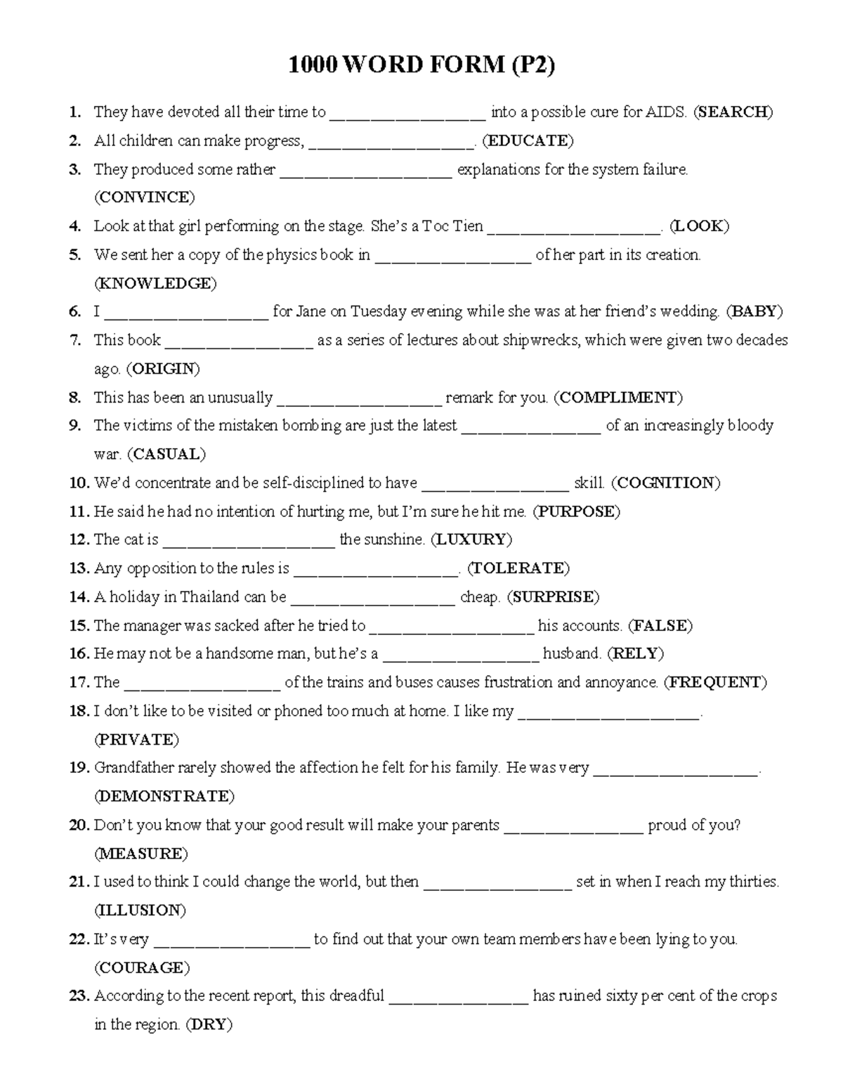 1000 WORD FORM (P2) - Vocabulary Development Exercises - Studocu