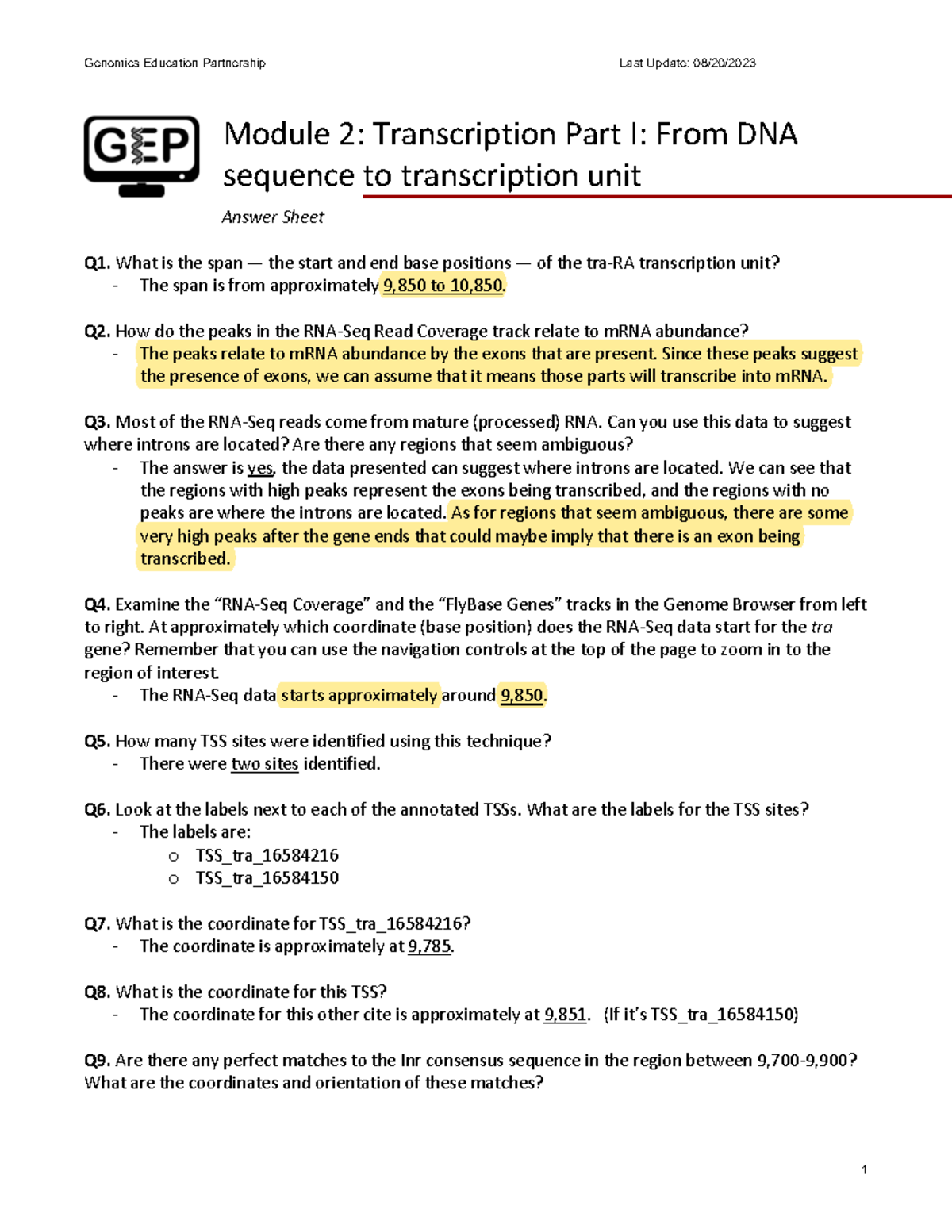 Module 2: Transcription Part I Answer Sheet 1 - Genomics (GENE301 ...