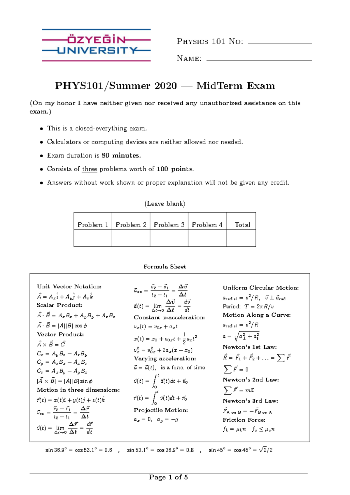 Summer 2020 MT - Physics 101 Midterm Exam Solutions - Studocu