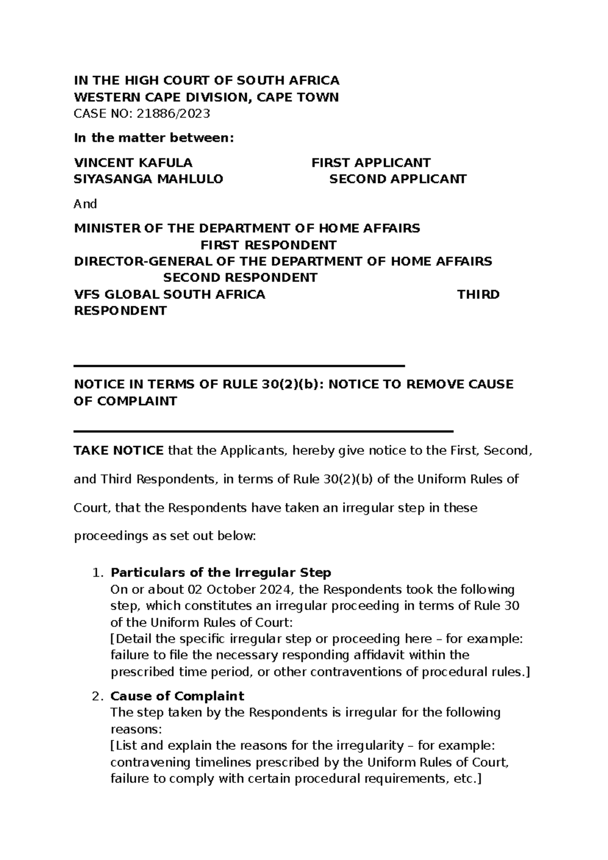 Notice to Remove Cause of Complaint - Rule 30 - Case No: 21886/2024 ...