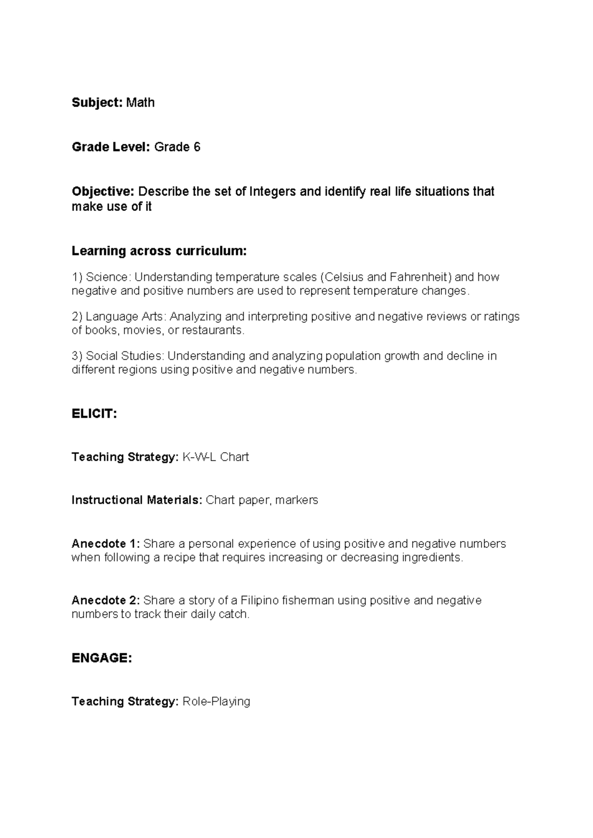 Math Lesson Plan for Grade 6: Understanding Integers and Real-Life ...