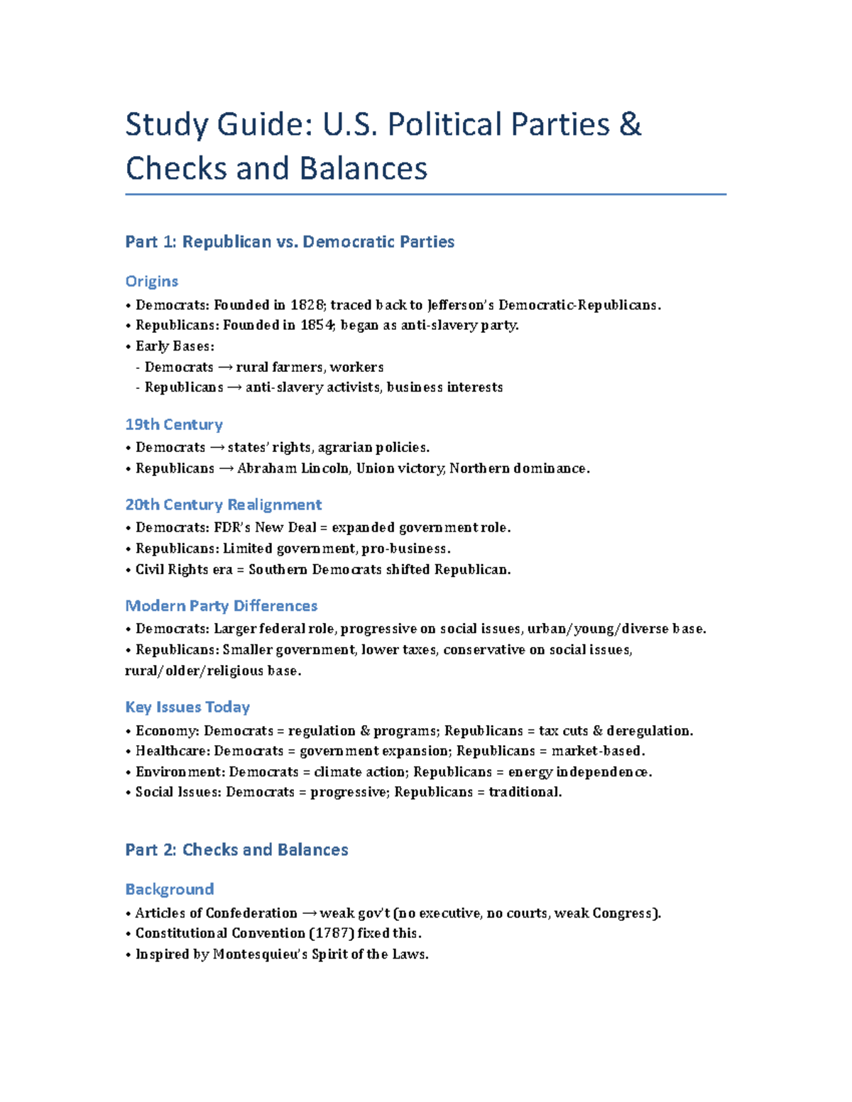 "Study Guide: U.S. Political Parties & Checks and Balances (POL101 ...
