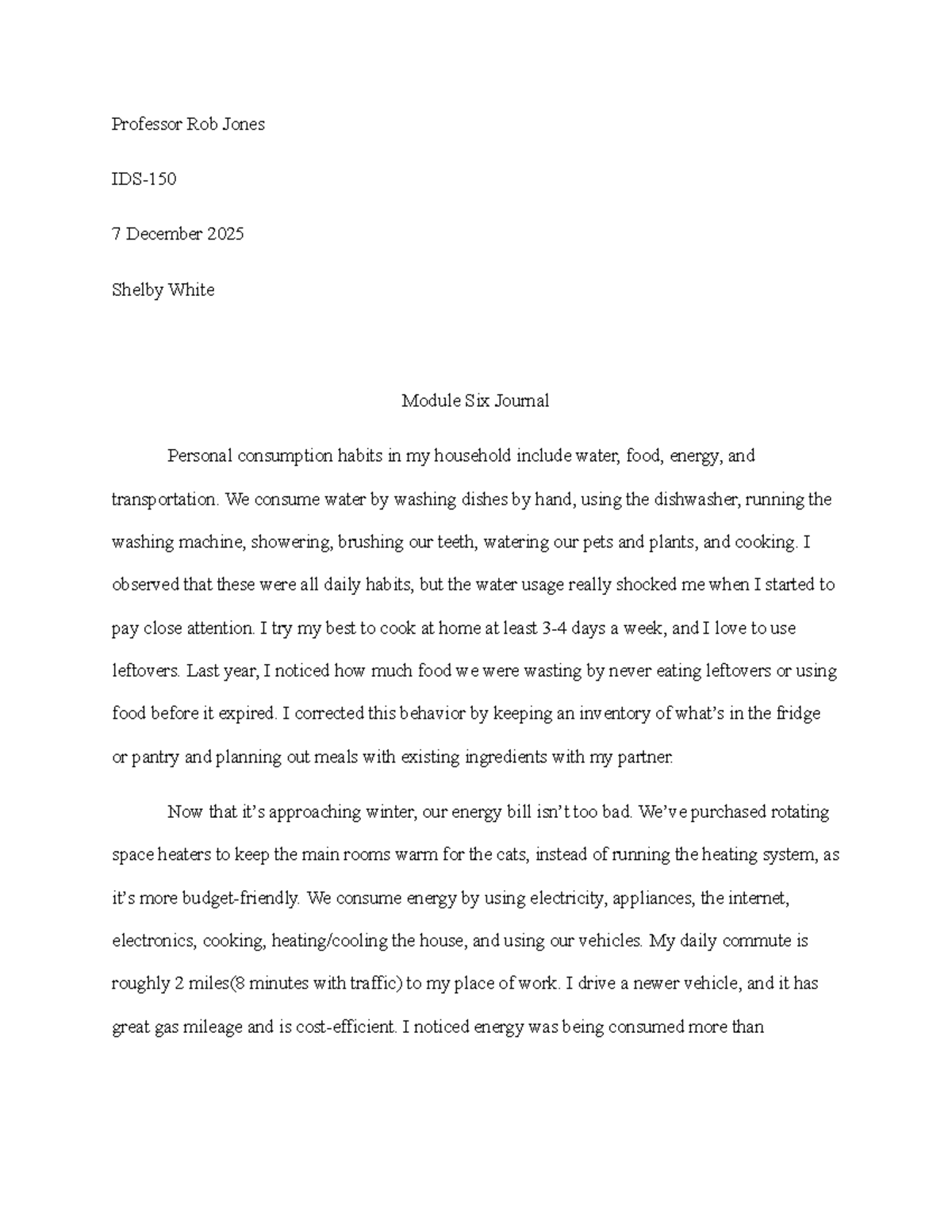 IDS-150 Module 6 Journal: Analyzing Household Consumption Habits - Studocu