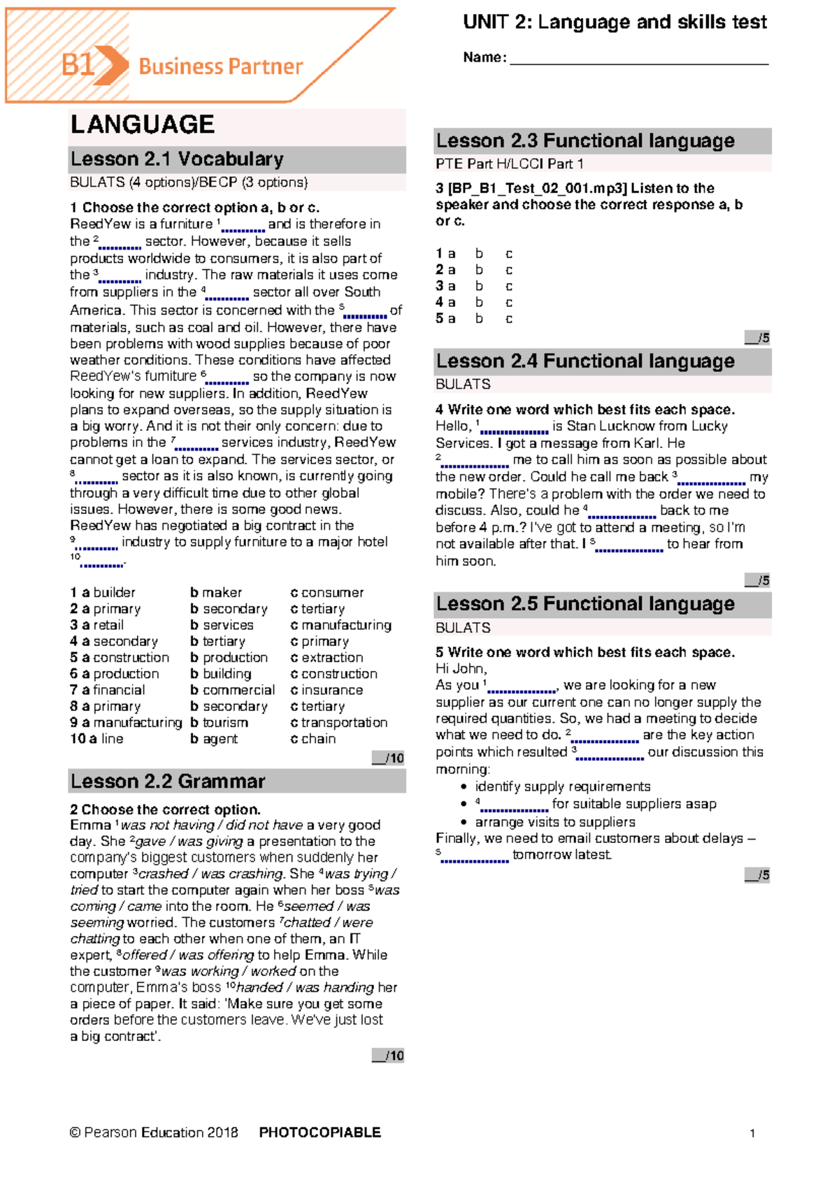 BP B1 Tests Unit 2: Language & Skills Assessment - Studocu