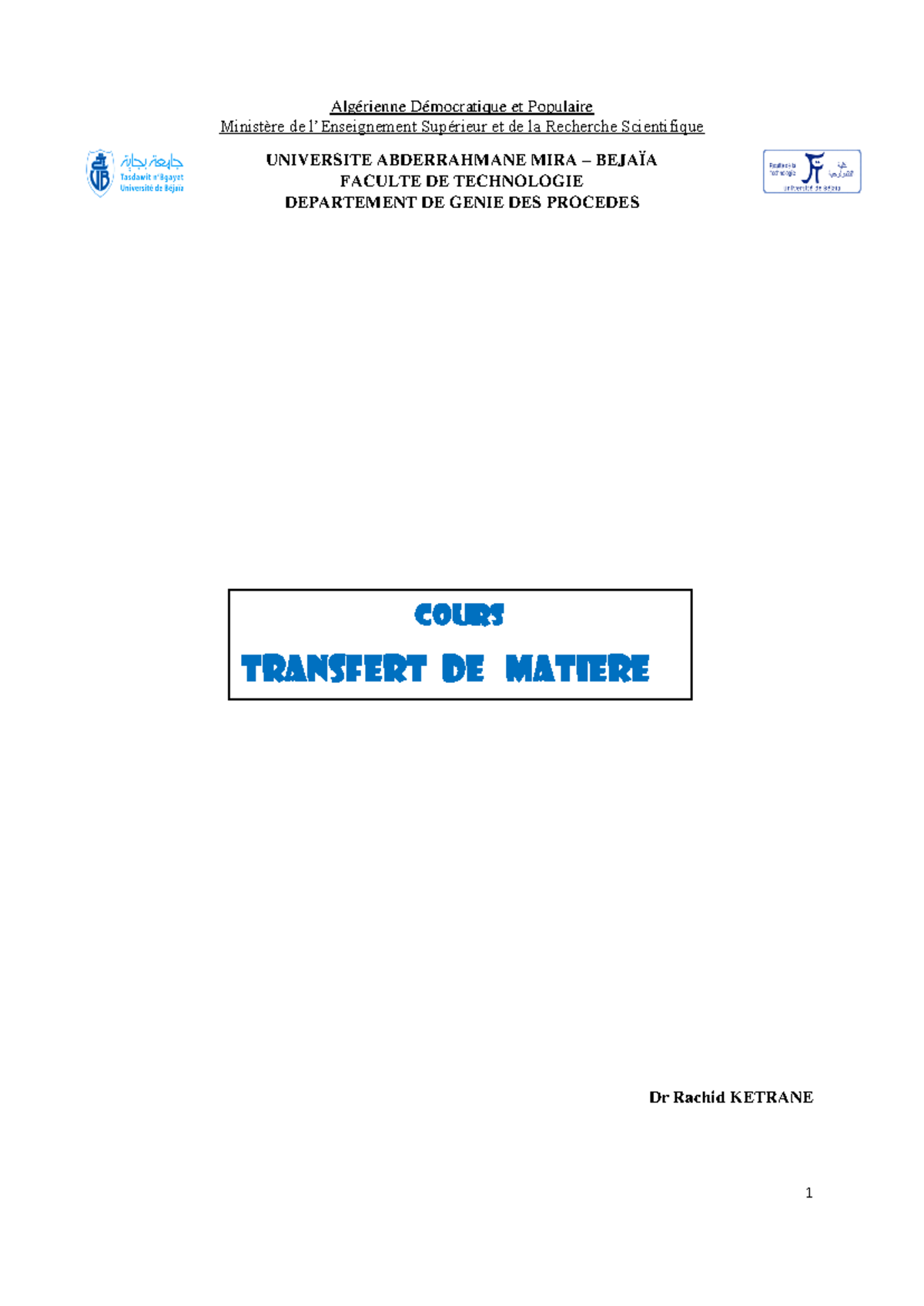 Cours de Transfert de Matière en Génie des Procédés - APM 101 - Studocu