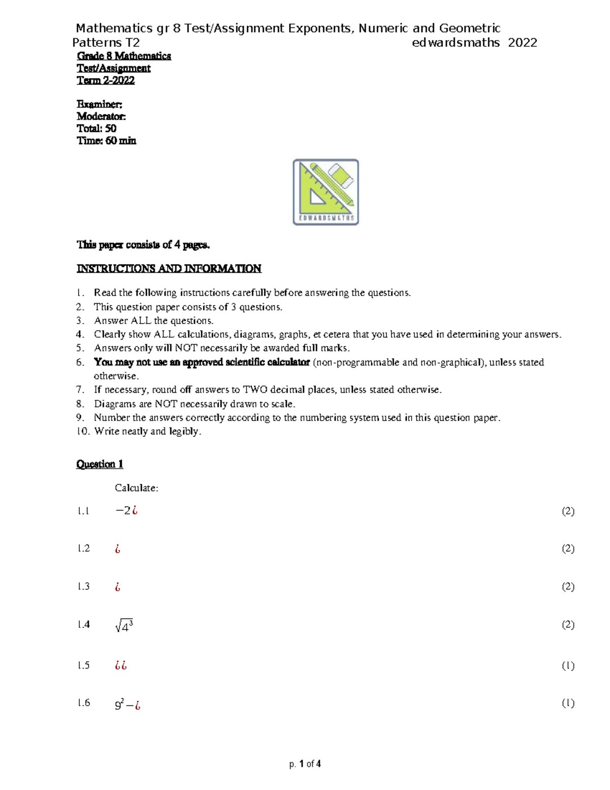 Gr 8 Mathematics T2 Test: Exponents & Patterns - Edwardsmaths 2022 ...
