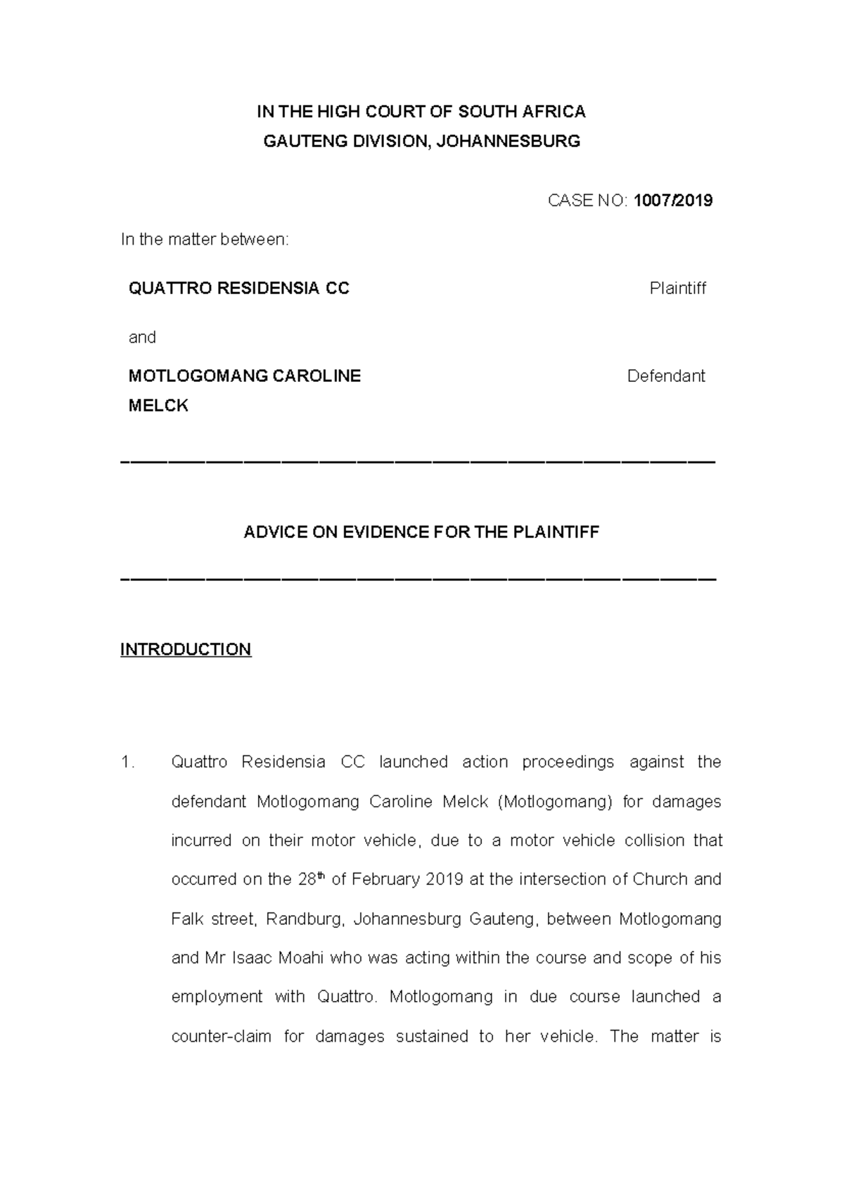 Advice on Evidence for Plaintiff (Case No: 1007/2024) - Studocu
