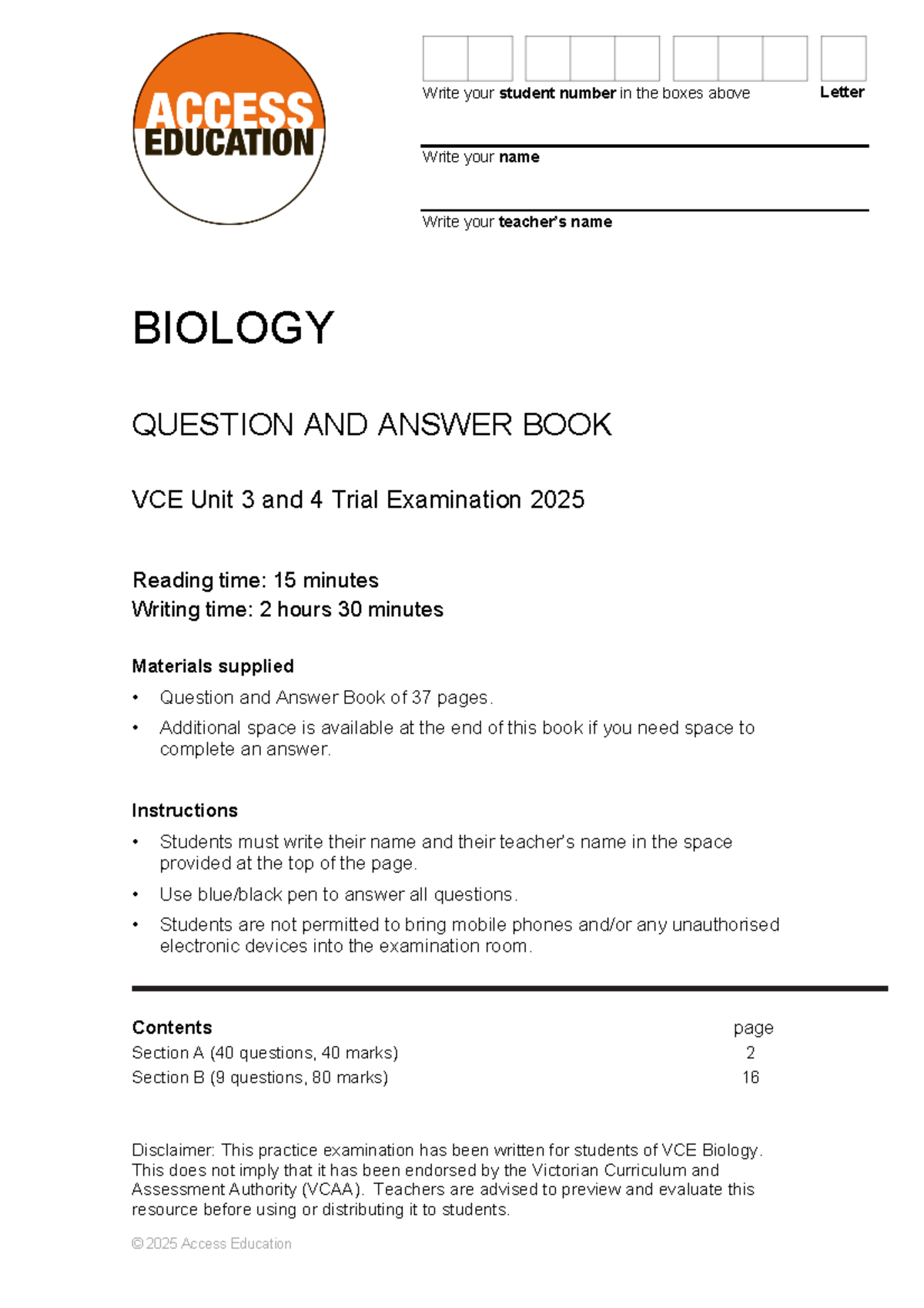 Access Ed VCE Biology Unit 3 & 4 Trial Exam 2025 - Studocu