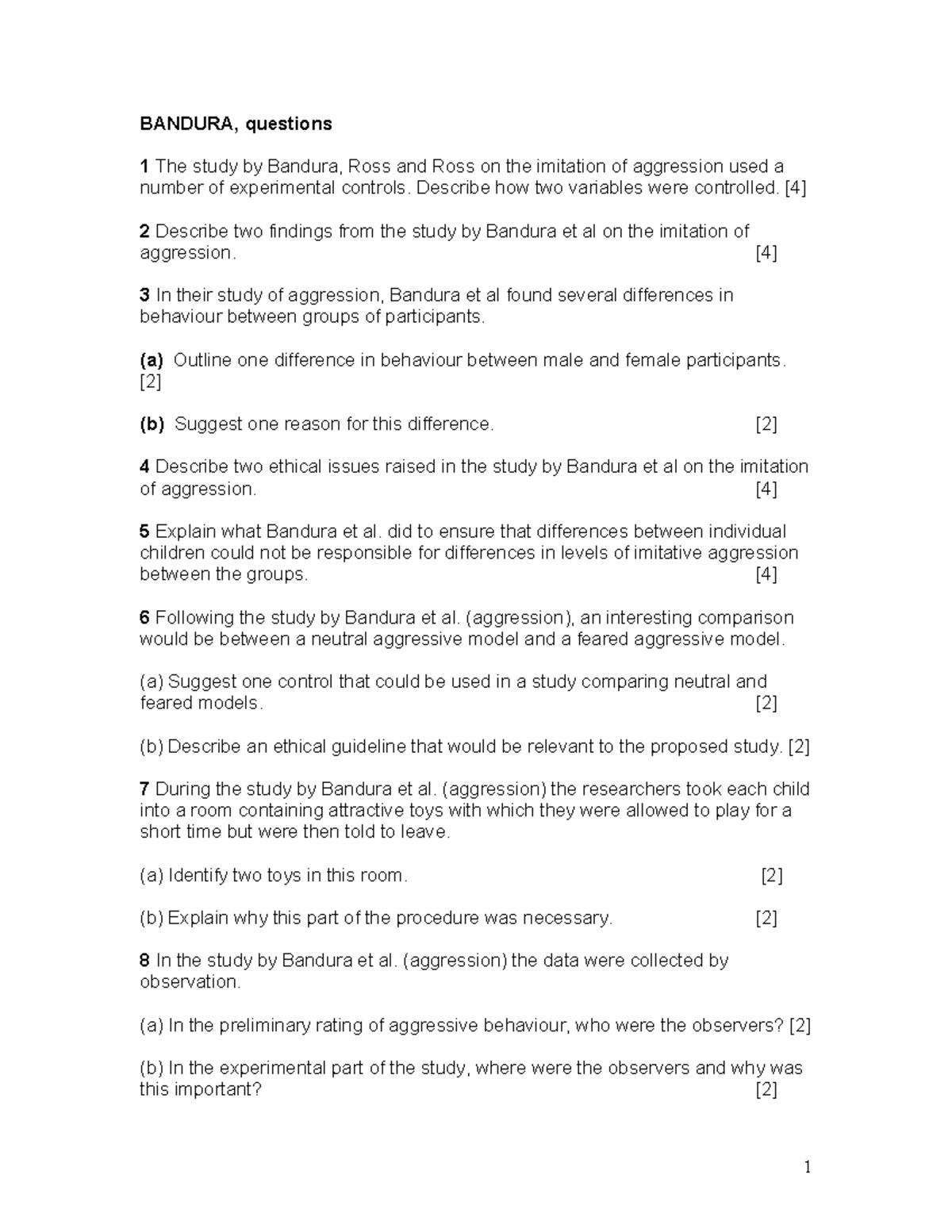Psyc101 Bandura Aggression Study Questions & Mark Scheme - Studocu