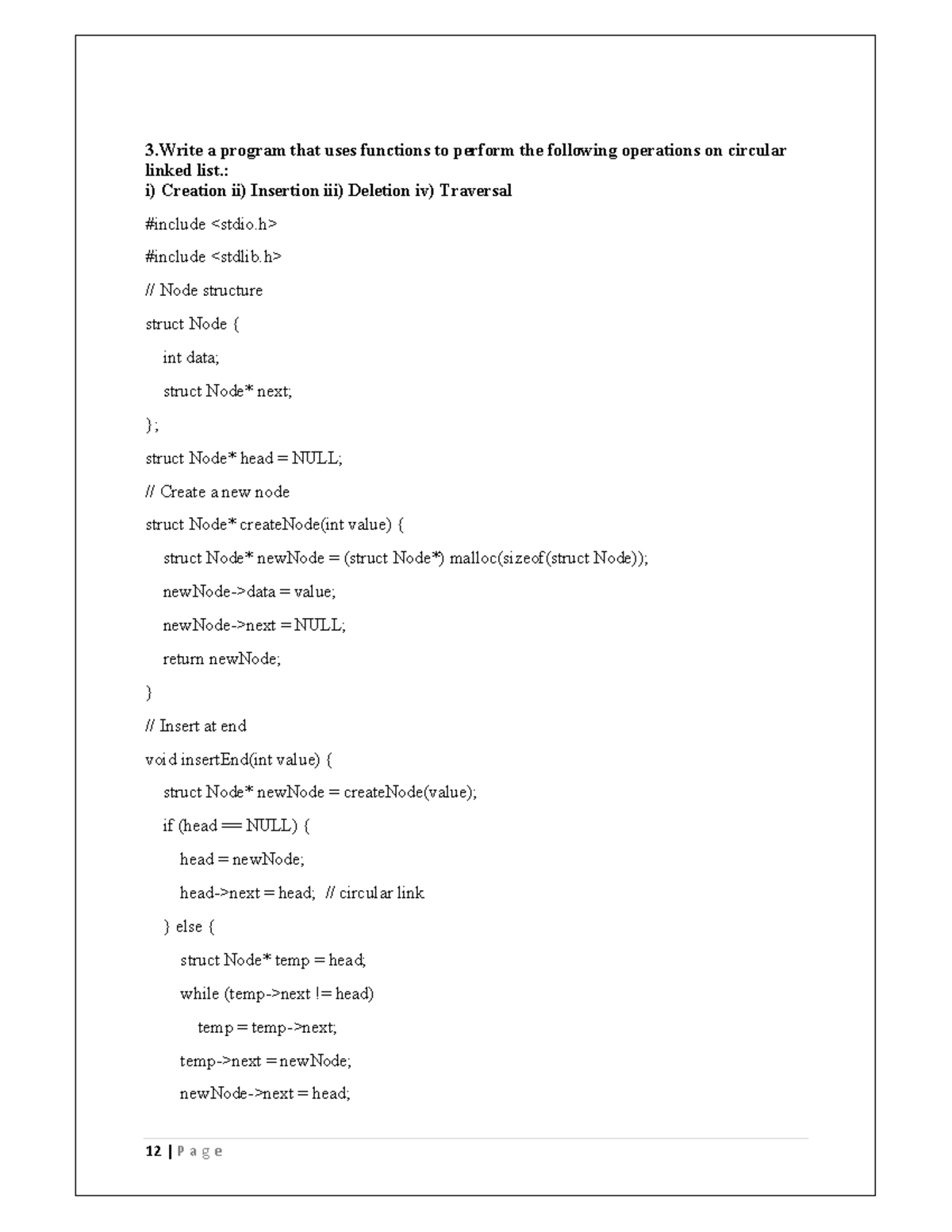 DS Ex3 - Circular Linked List Operations: Creation, Insertion, Deletion ...