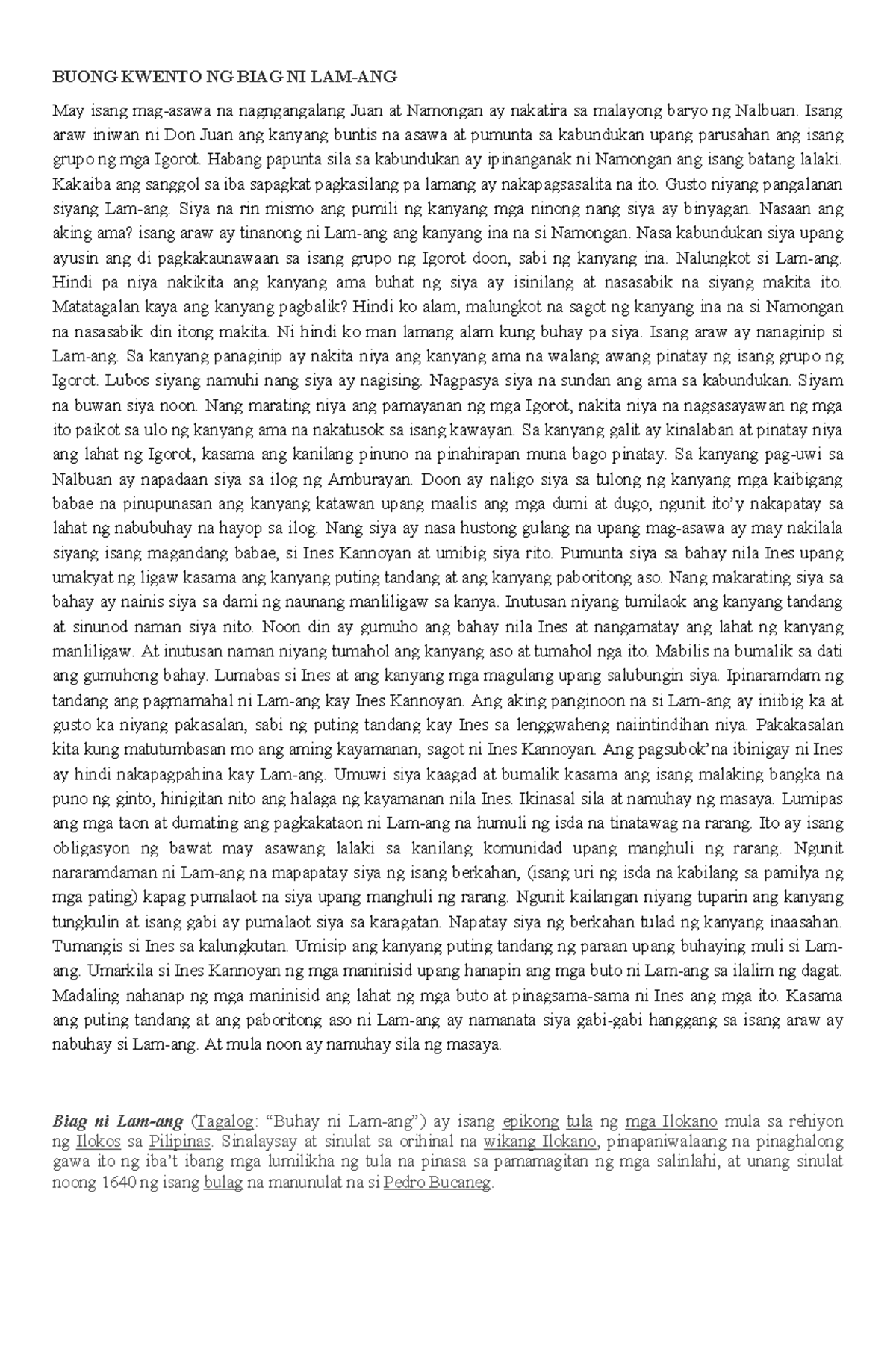BUONG KWENTO NG BIAG NI LAM-ANG: Isang Epikong Tula ng Ilokano - Studocu