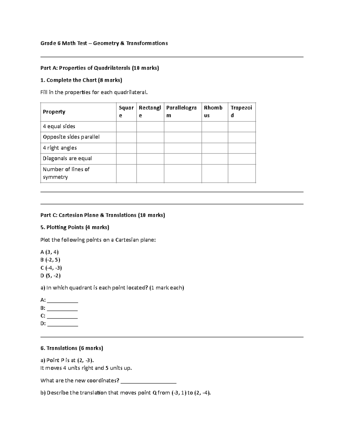 Grade 6 Math Test: Geometry & Transformations Practice - Studocu