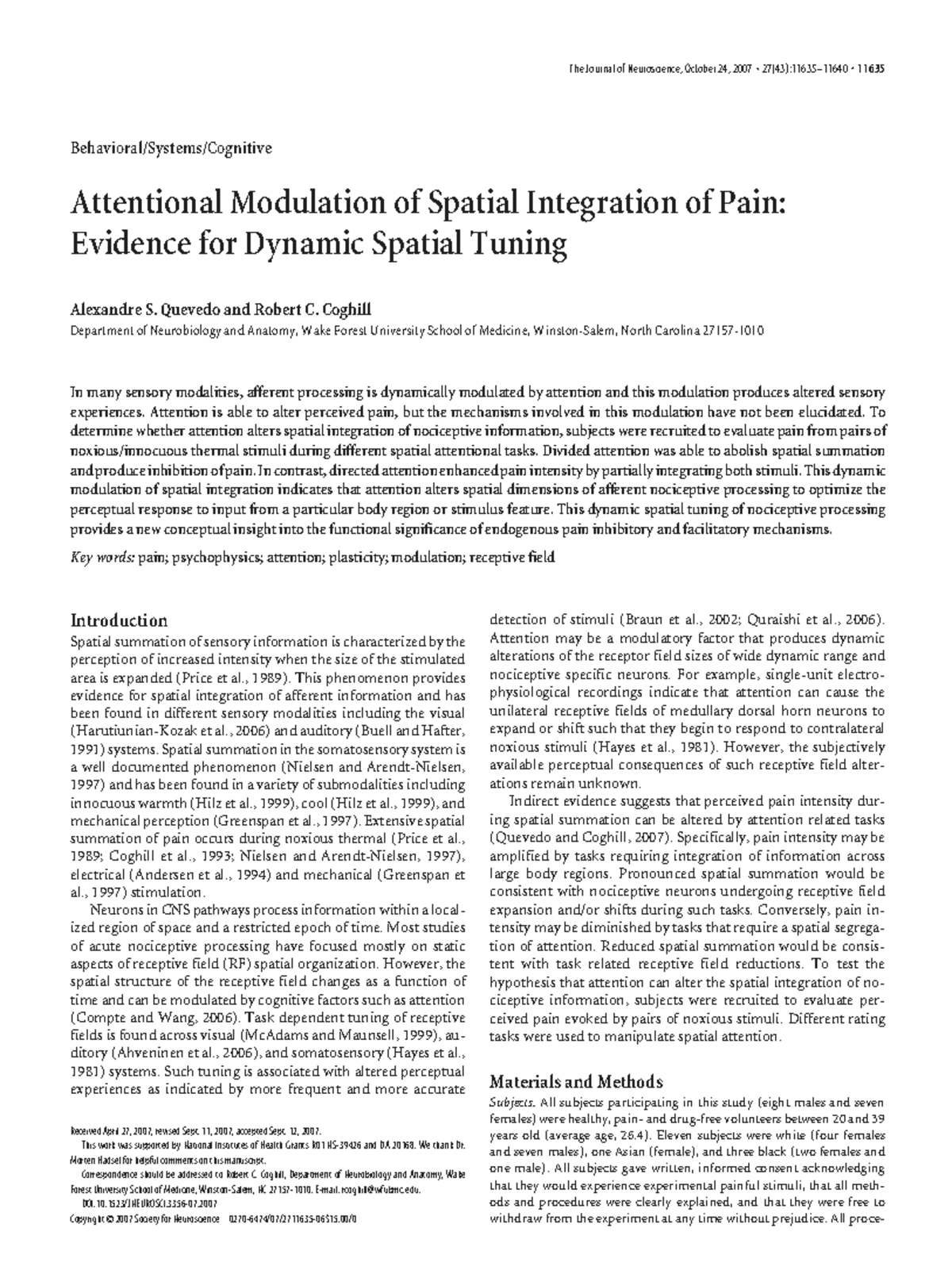 Modulation of Pain Perception: Attention's Role in Spatial Integration ...