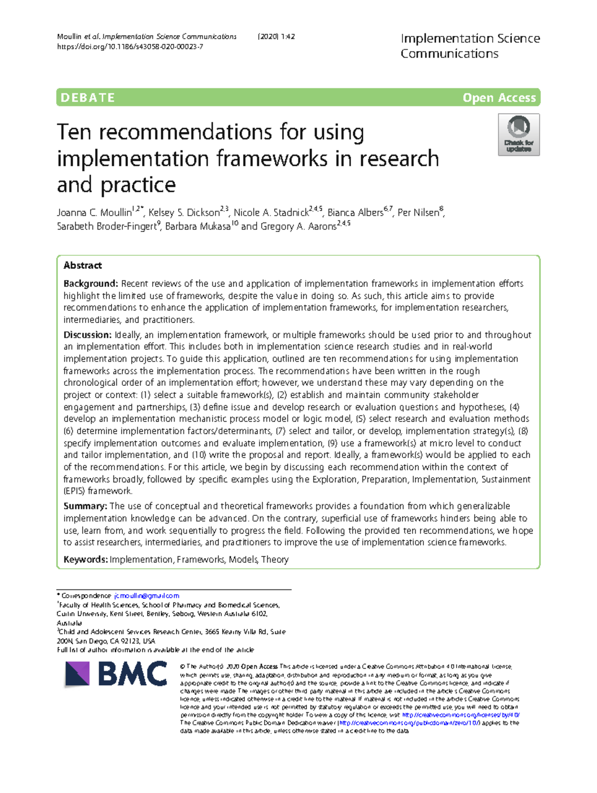 Ten Recommendations for Using Implementation Frameworks in Research ...
