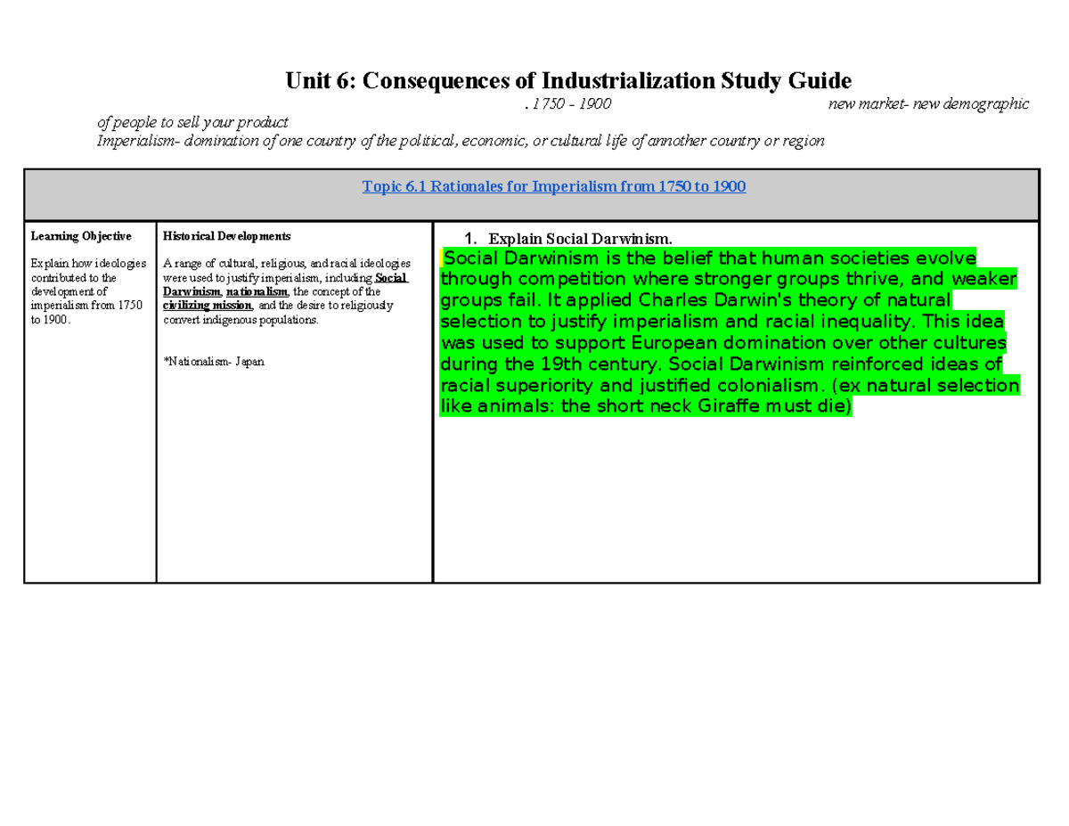 Unit 6 study guide - Unit 6: Consequences of Industrialization Study ...