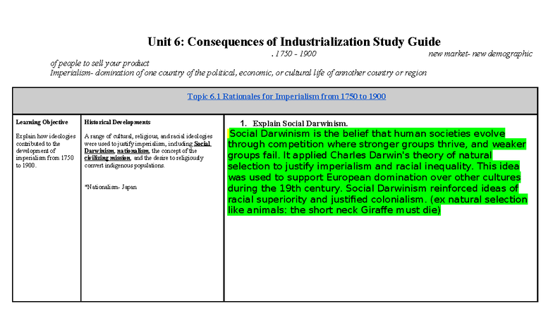 Unit 6 Study Guide: Impacts of Industrialization & Imperialism (1750 ...