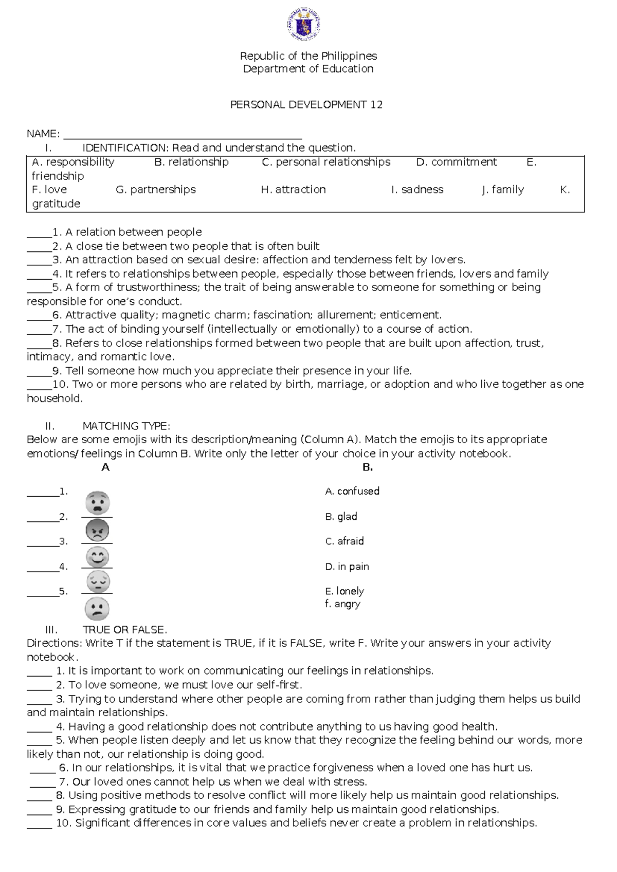 Personal Development 12 - Practice Test for Relationships and Emotions ...