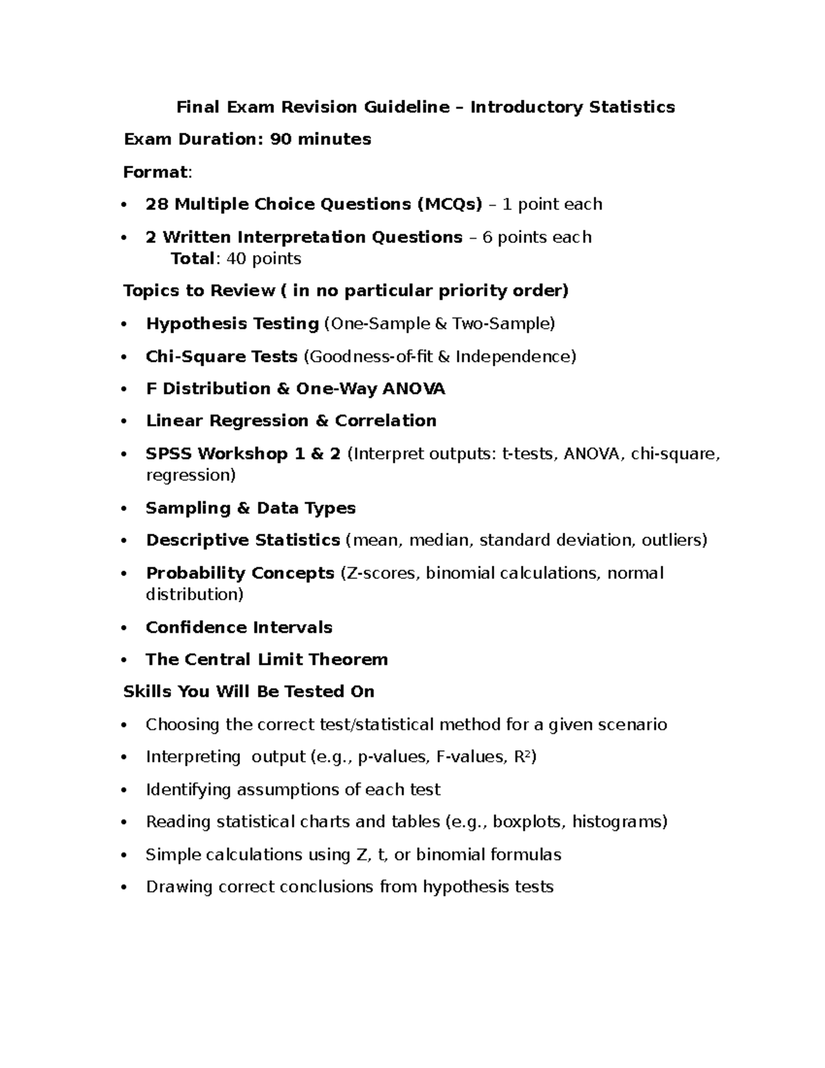 Final Exam Revision Guide for Introductory Statistics (STAT101) - Studocu