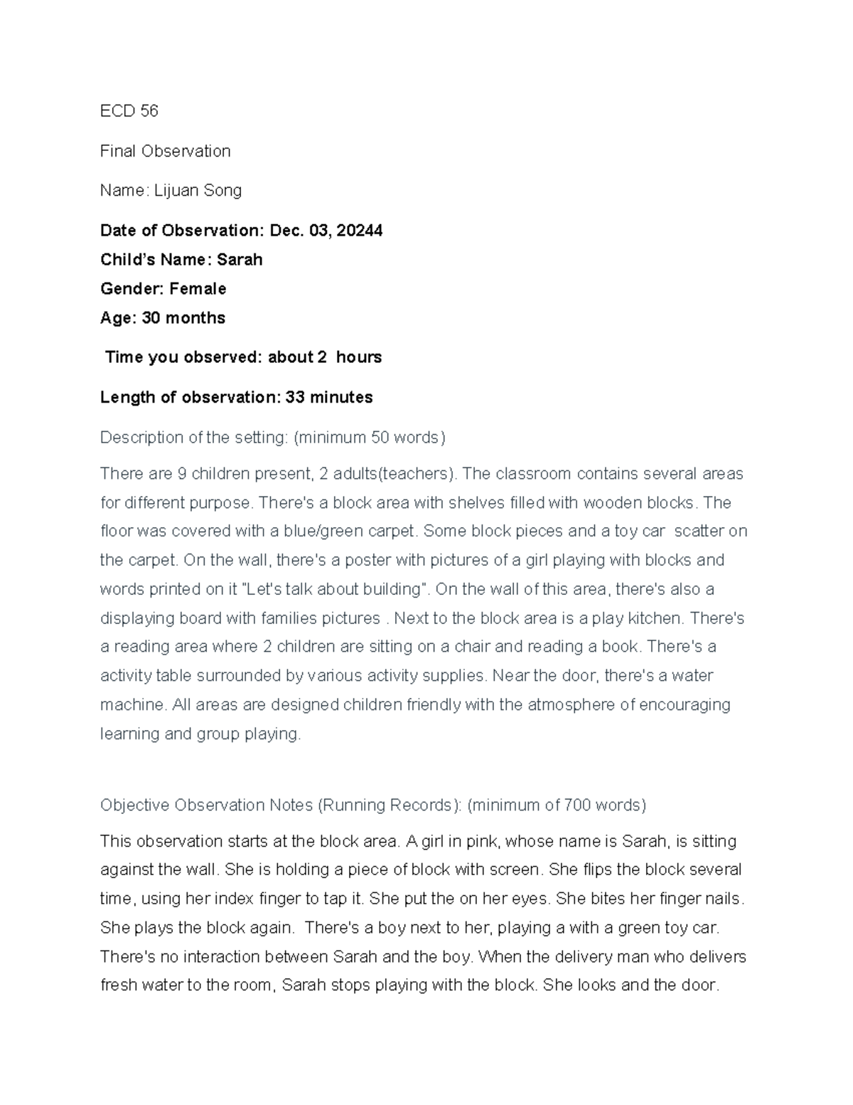 ECD 56 Final Observation Report: Sarah's Developmental Milestones - Studocu