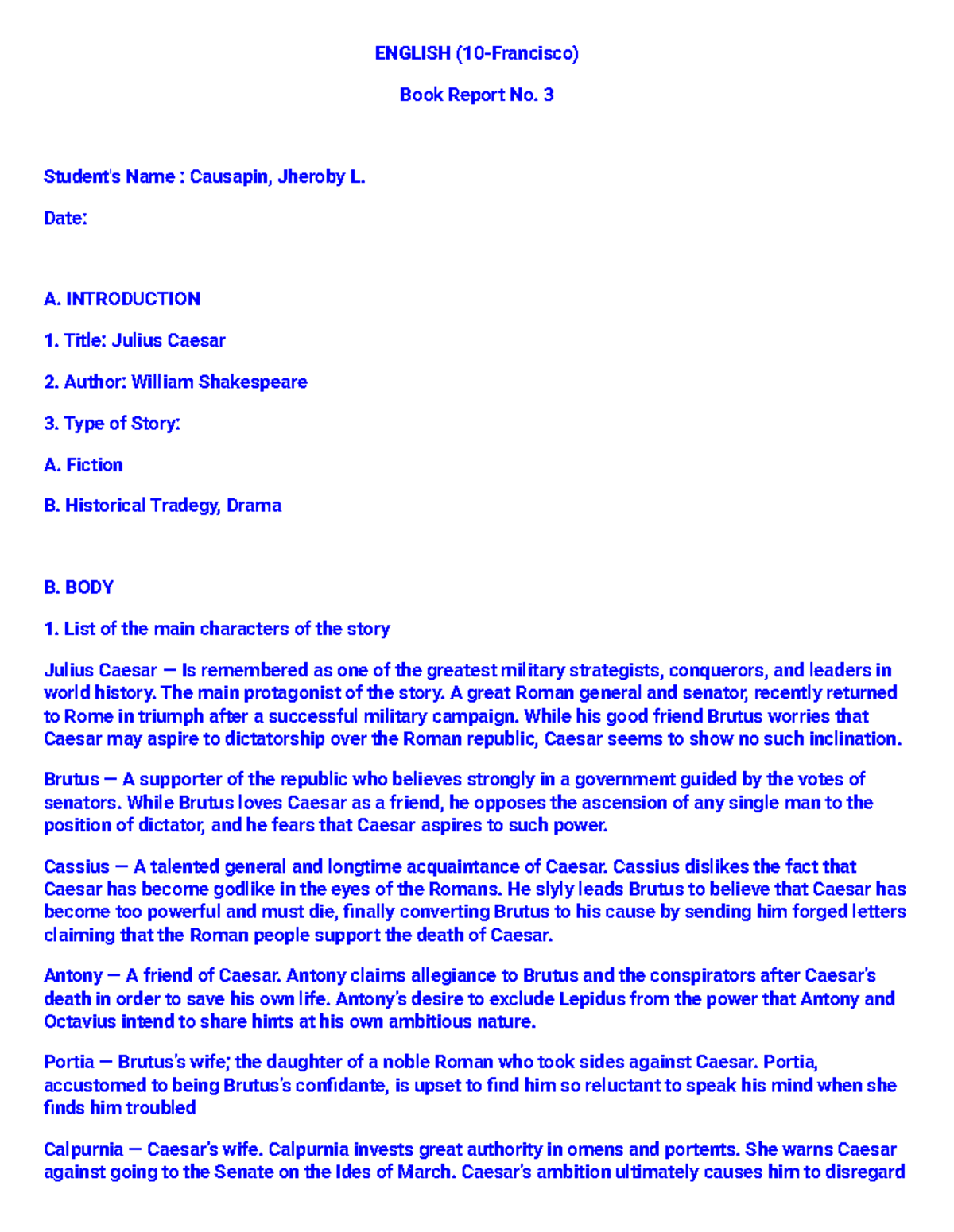 ENGLISH Book Report No. 3: Analysis of Julius Caesar by Shakespeare ...