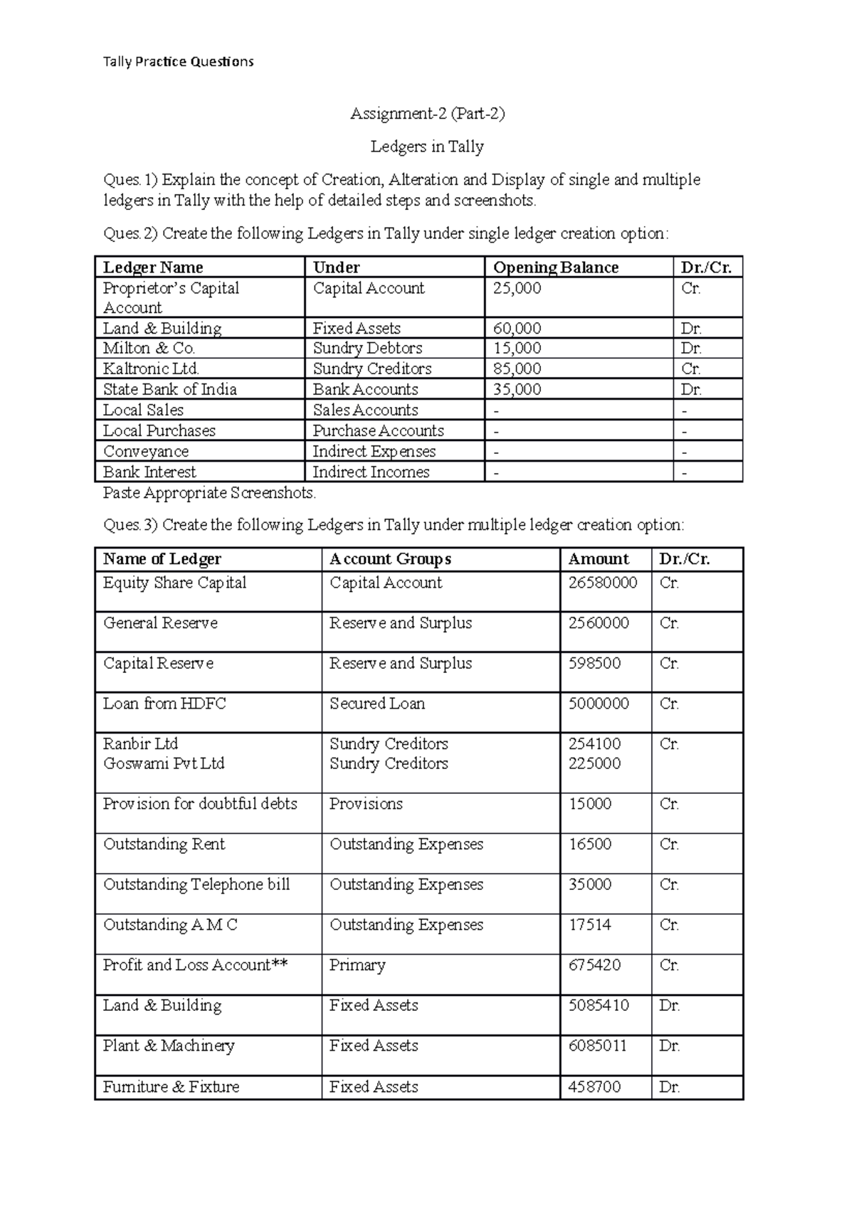 4 Ledger Creation - Questions for practice of tally step by step. Basic questions for tally ...