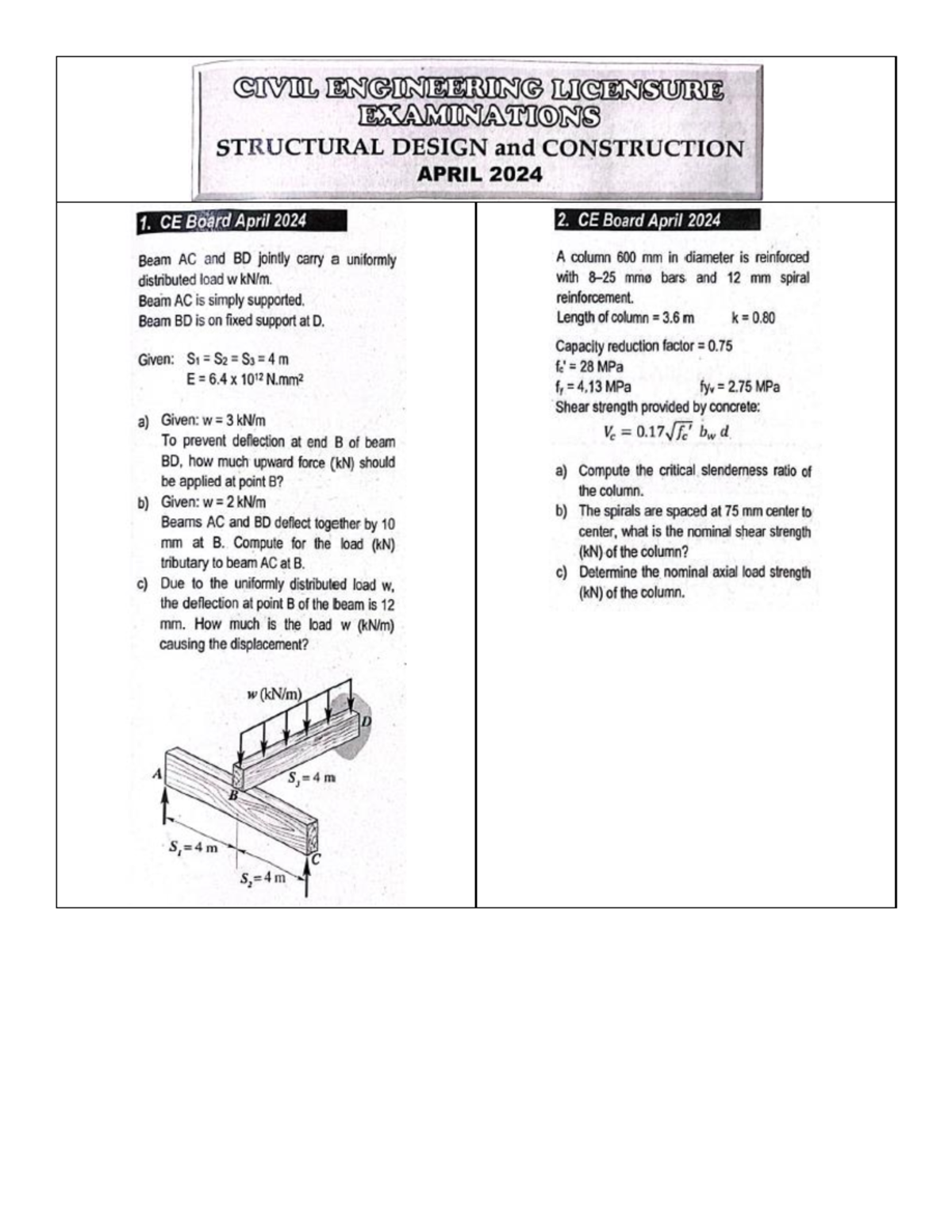 April 2024 CE Board Structural Design Exam Questions - Studocu