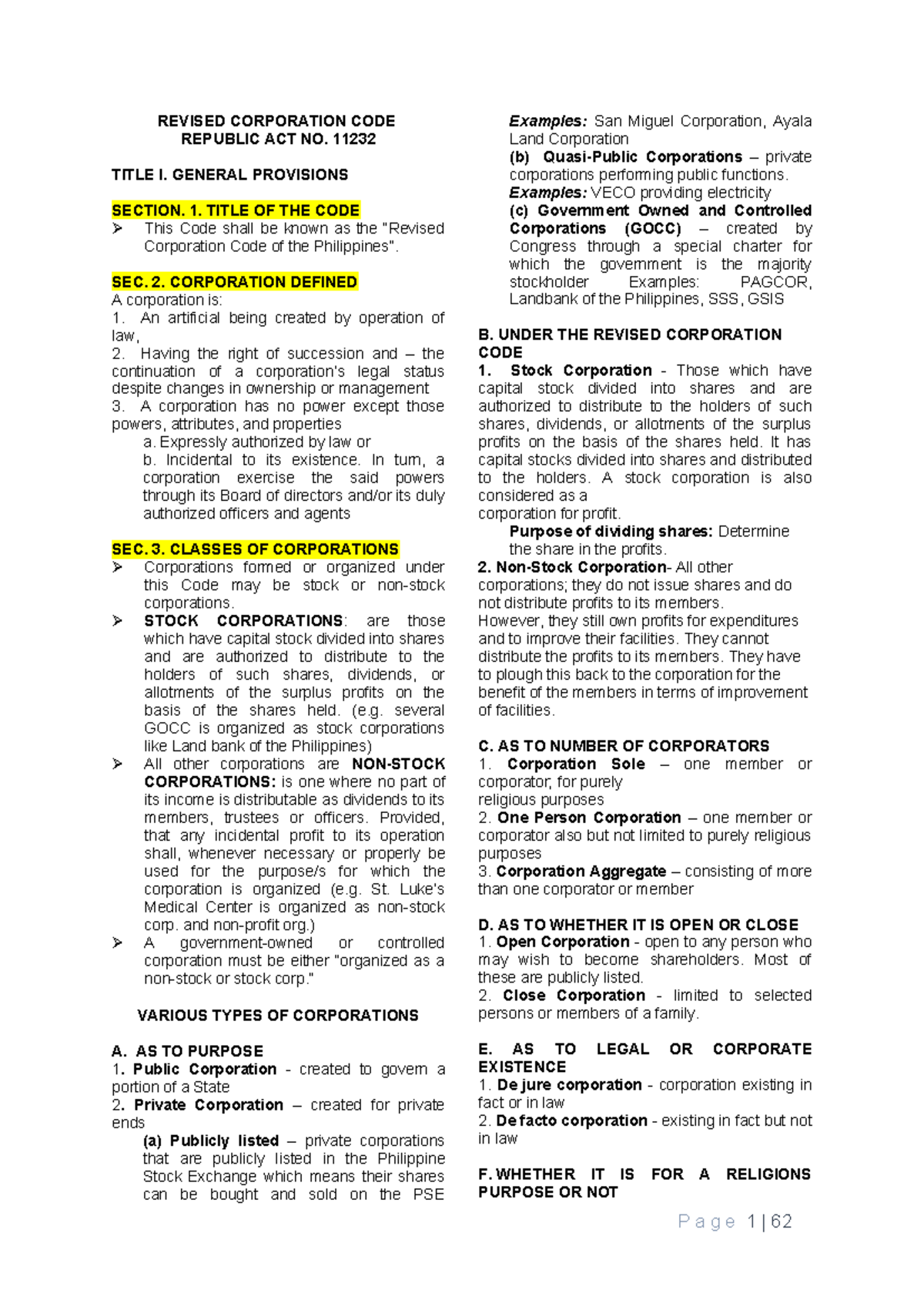 Revised Corporation Code (RA 11232) - Key Provisions and Notes - Studocu