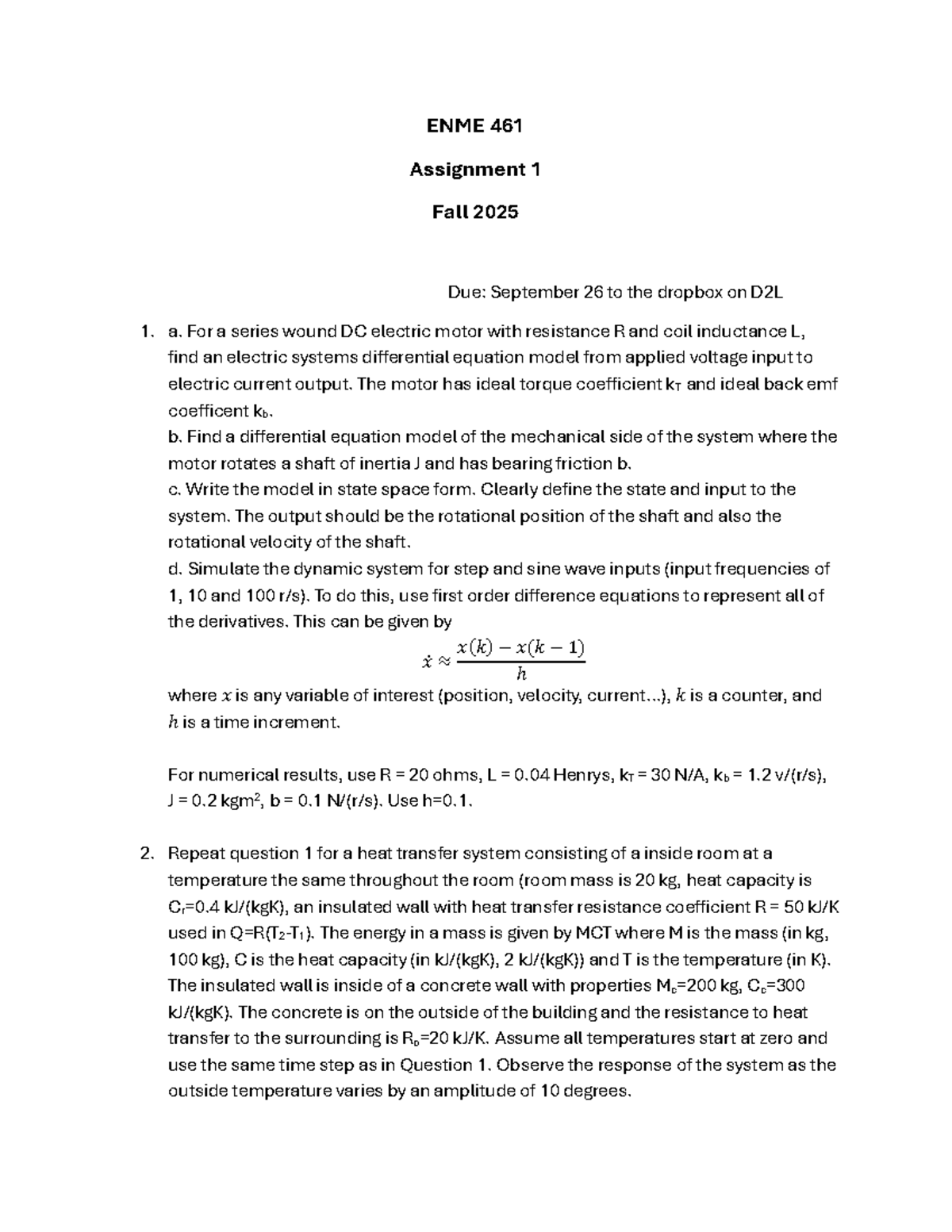 ENME 461 Assignment 1: DC Motor & Heat Transfer System Analysis - Studocu