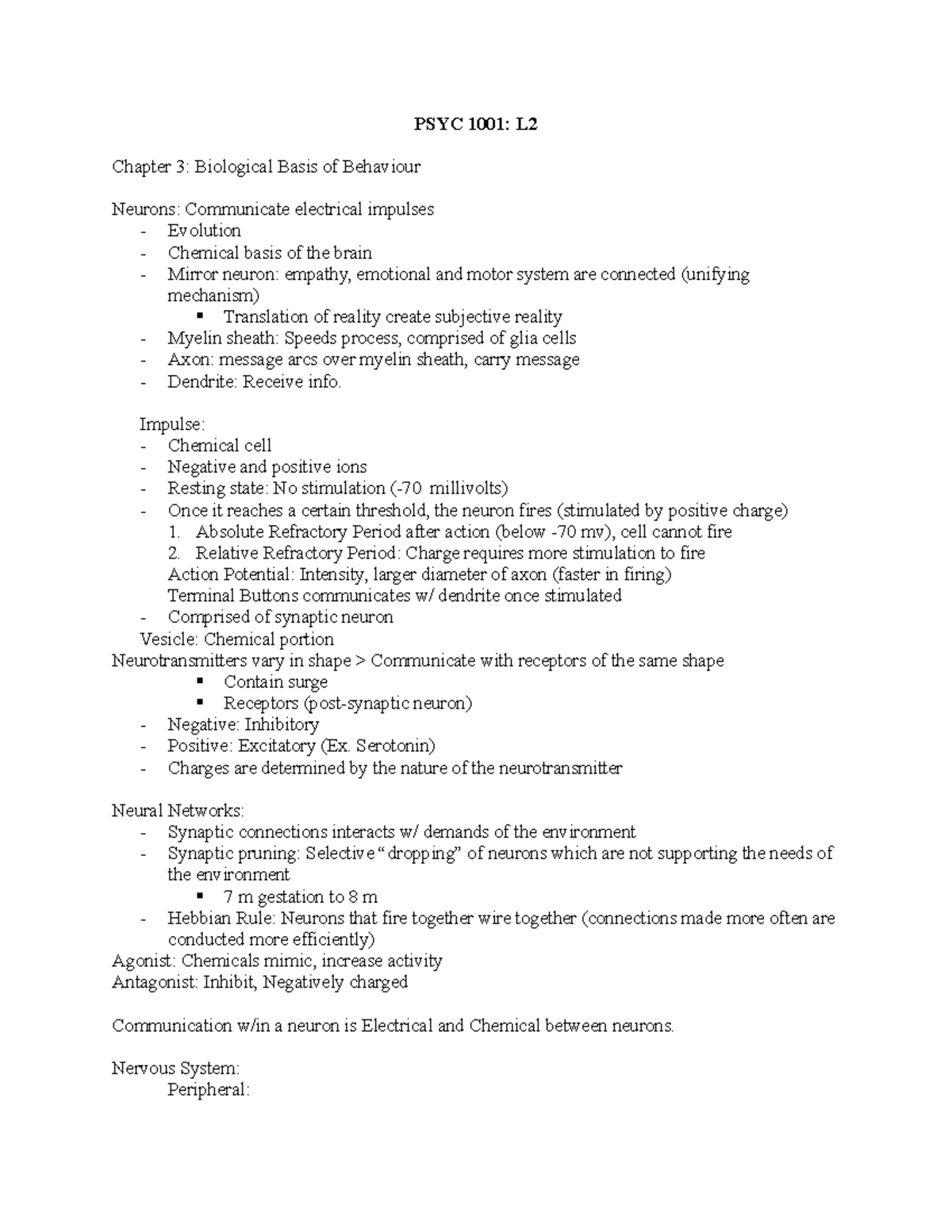 PSYC 1001: Lecture #3 Notes - PSYC 1001: L Chapter 3: Biological Basis ...