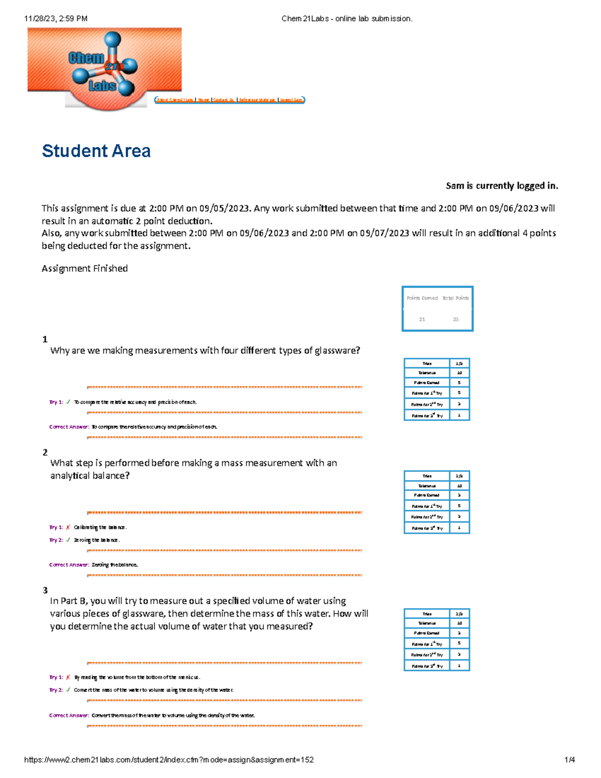Experiment 1B: Pre-Lab Quiz Results and Glassware Measurement Analysis ...