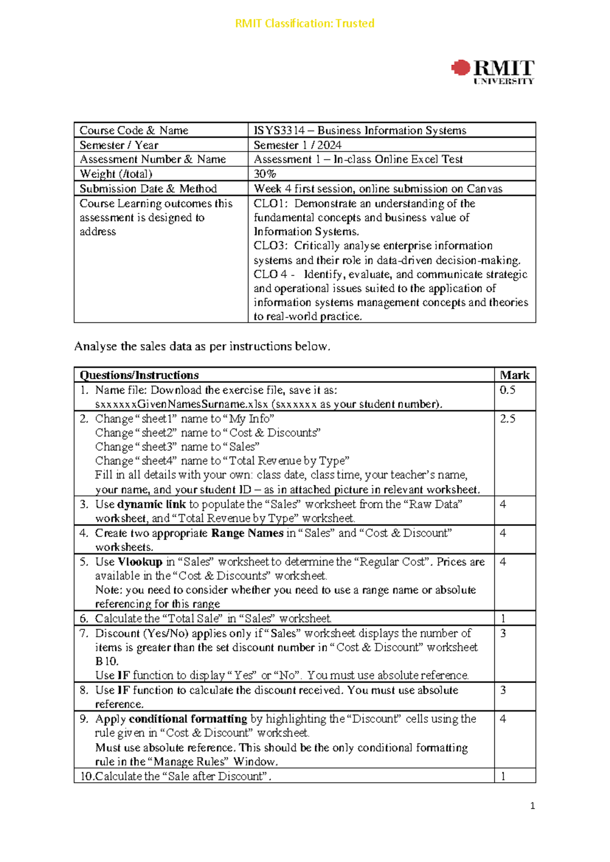 ISYS3314 Semester 1 2024 Assessment 1: Excel In-Class Test Guide - Studocu