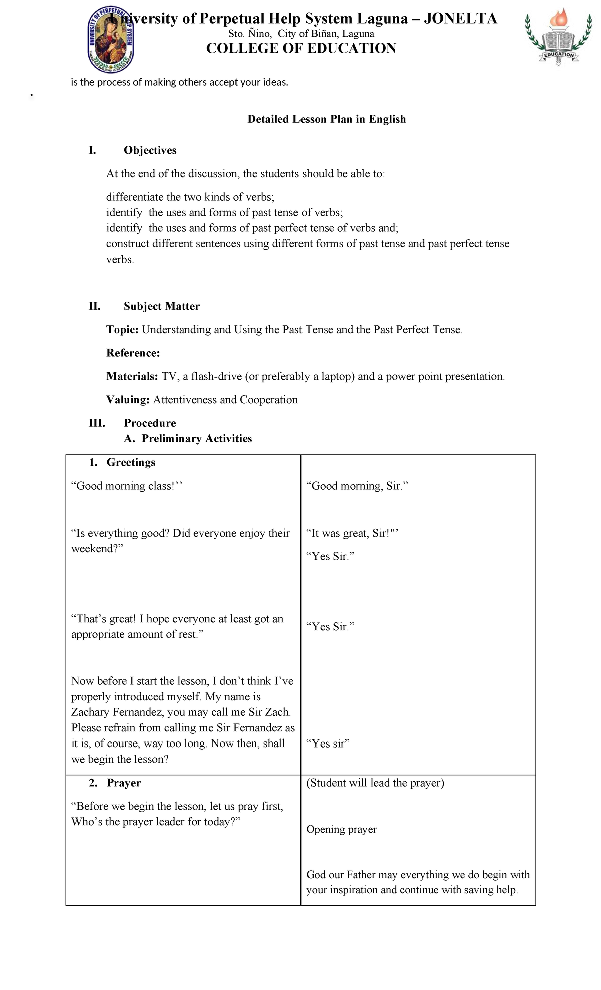 Detailed Lesson Plan for English I: Past Tense & Past Perfect Tense ...