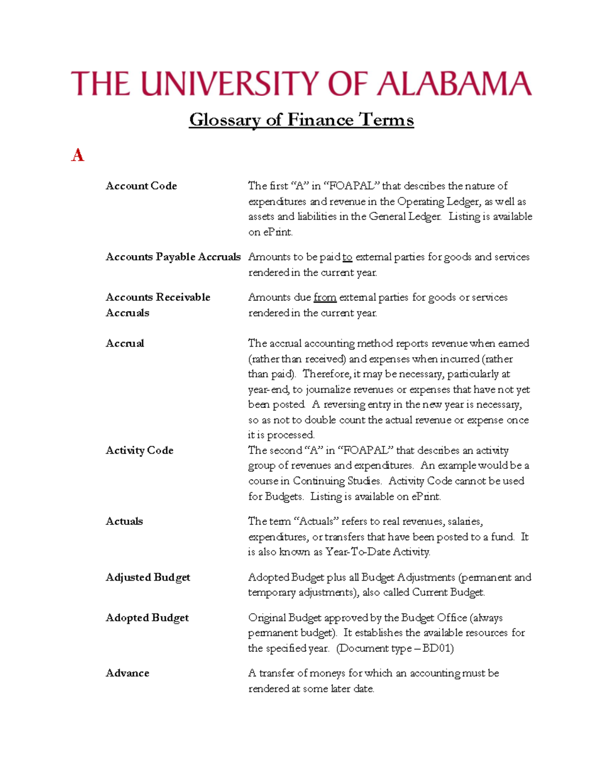 Glossary of Finance Terms UA - Glossary of Finance Terms A Account Code ...