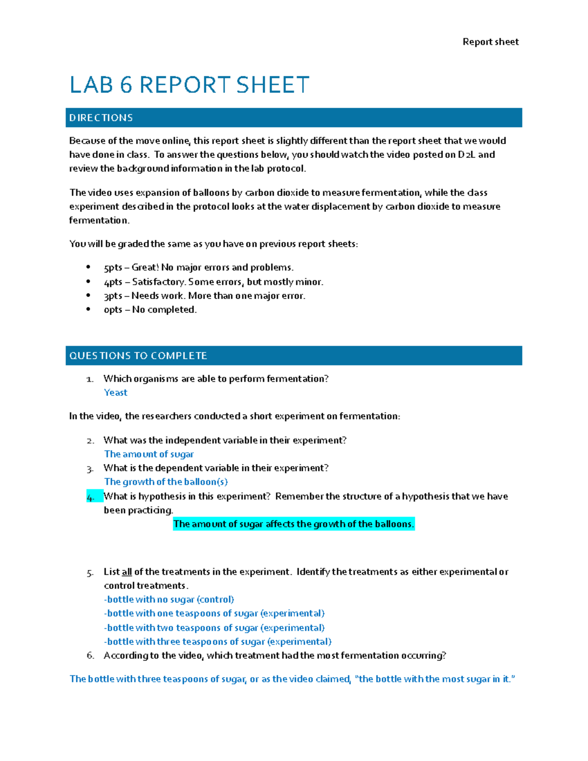 Lab 6 Report: Alcoholic Fermentation Experiment Findings - Studocu