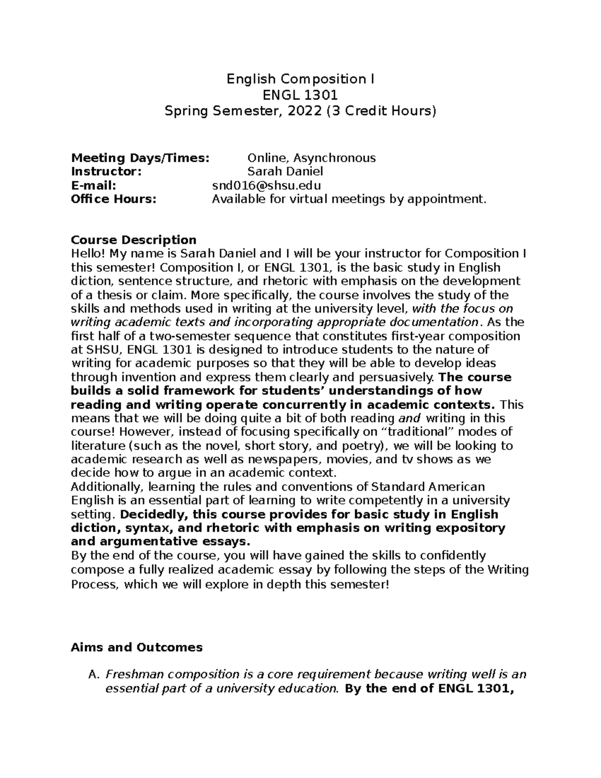ENGL 1301 Syllabus for Spring 2022: English Composition I Overview ...