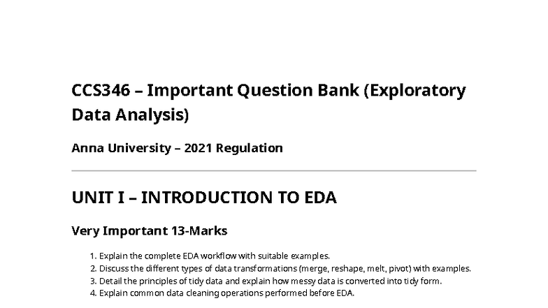 CCS346 EDA Important Questions Bank - Anna University 2021 - Studocu