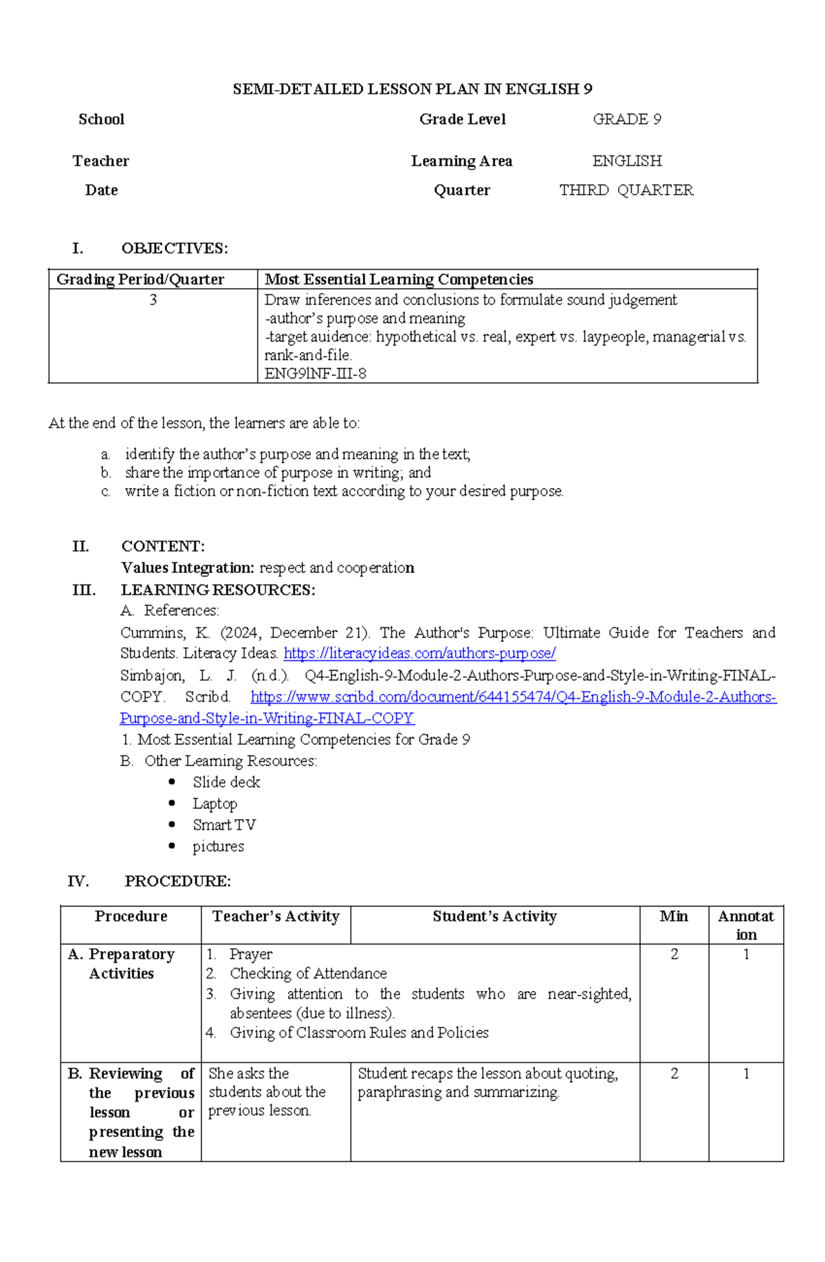 Grade 9 English Lesson Plan: Understanding Author's Purpose - Studocu
