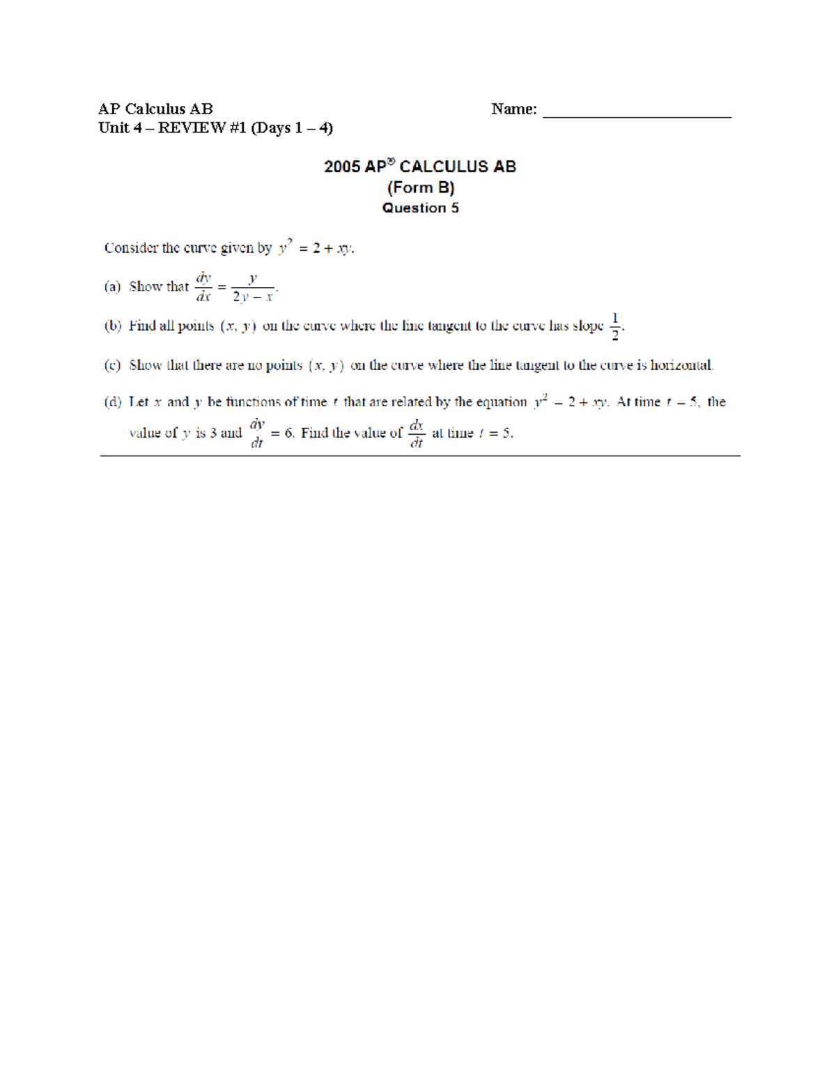 Unit 4 - review 1 - days 1 - 4 - AP Calculus AB Name ...