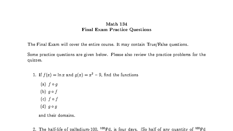 Math 134 Final Exam Practice Questions and Solutions - Studocu