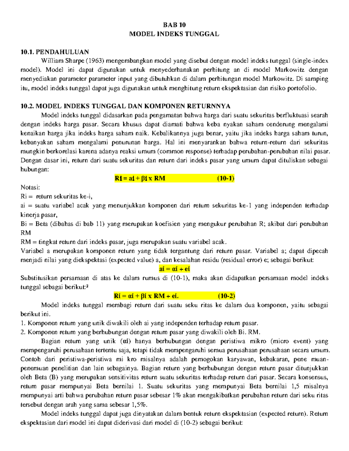 (SU) TIPM Bab 10 - Pemahaman Model Indeks Tunggal dan Aplikasinya - Studocu