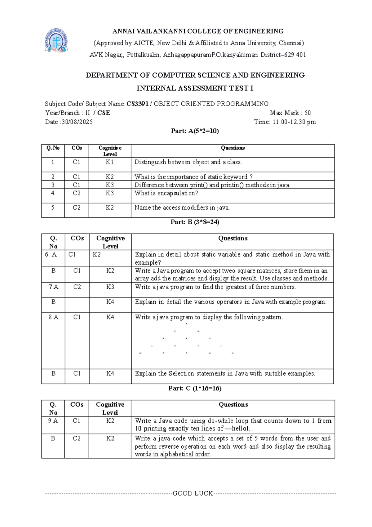CS3391 OOPS IAT 1 Question Paper - Internal Assessment Test - Studocu