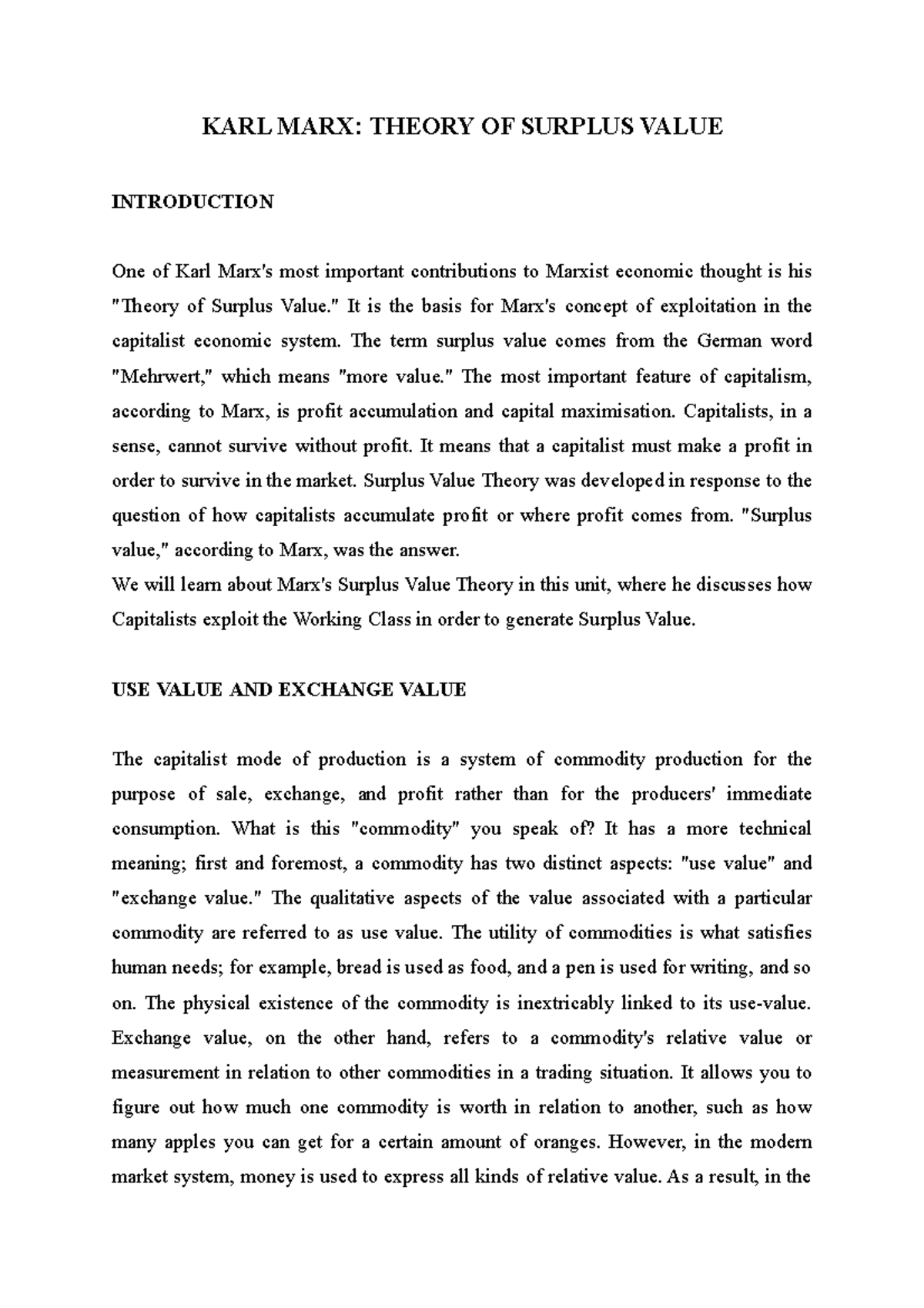 KARL MARX: Insights into the Theory of Surplus Value Explained - Studocu