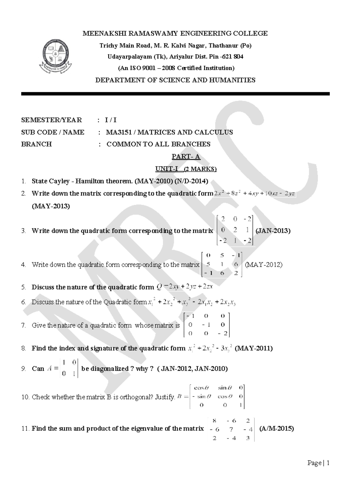 Question Bank for MA3151 Matrices and Calculus - Studocu